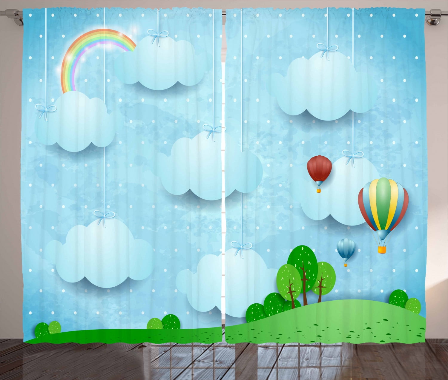 Ambesonne Cartoon Curtains 2 Panel Set, Balloons Clouds Stars Hill, 108 ...