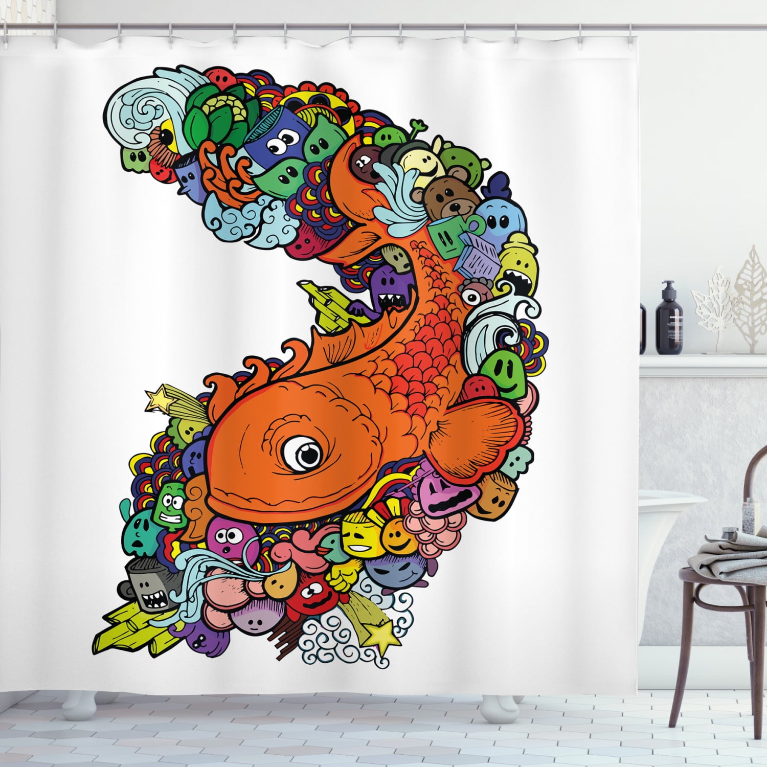 Ambesonne Cartoon Shower Curtain, Big Fish Ocean Life, 69"Wx70"L ...