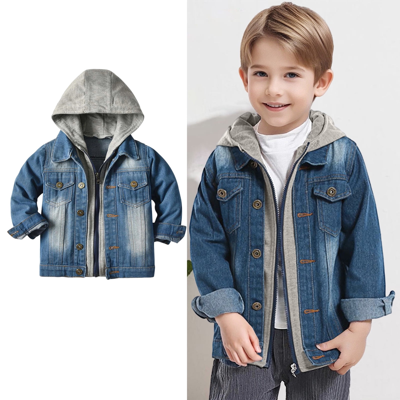 Kids Denim Jacket Long Sleeve Denim Hoodie Blue Jacket Boys Spring ...