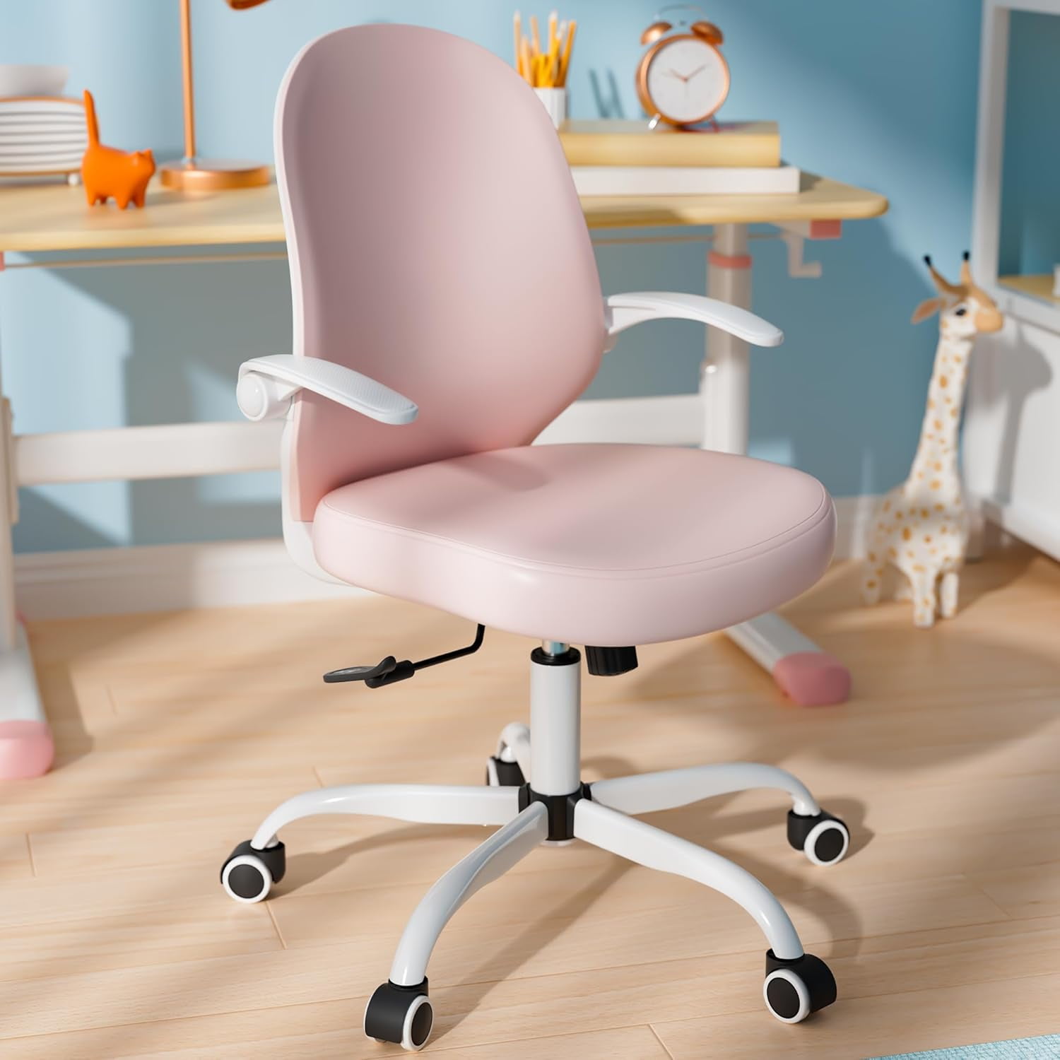 Kids Desk Chair with Arms and Wheels, Pink Ergonomic Leather Comfy ...