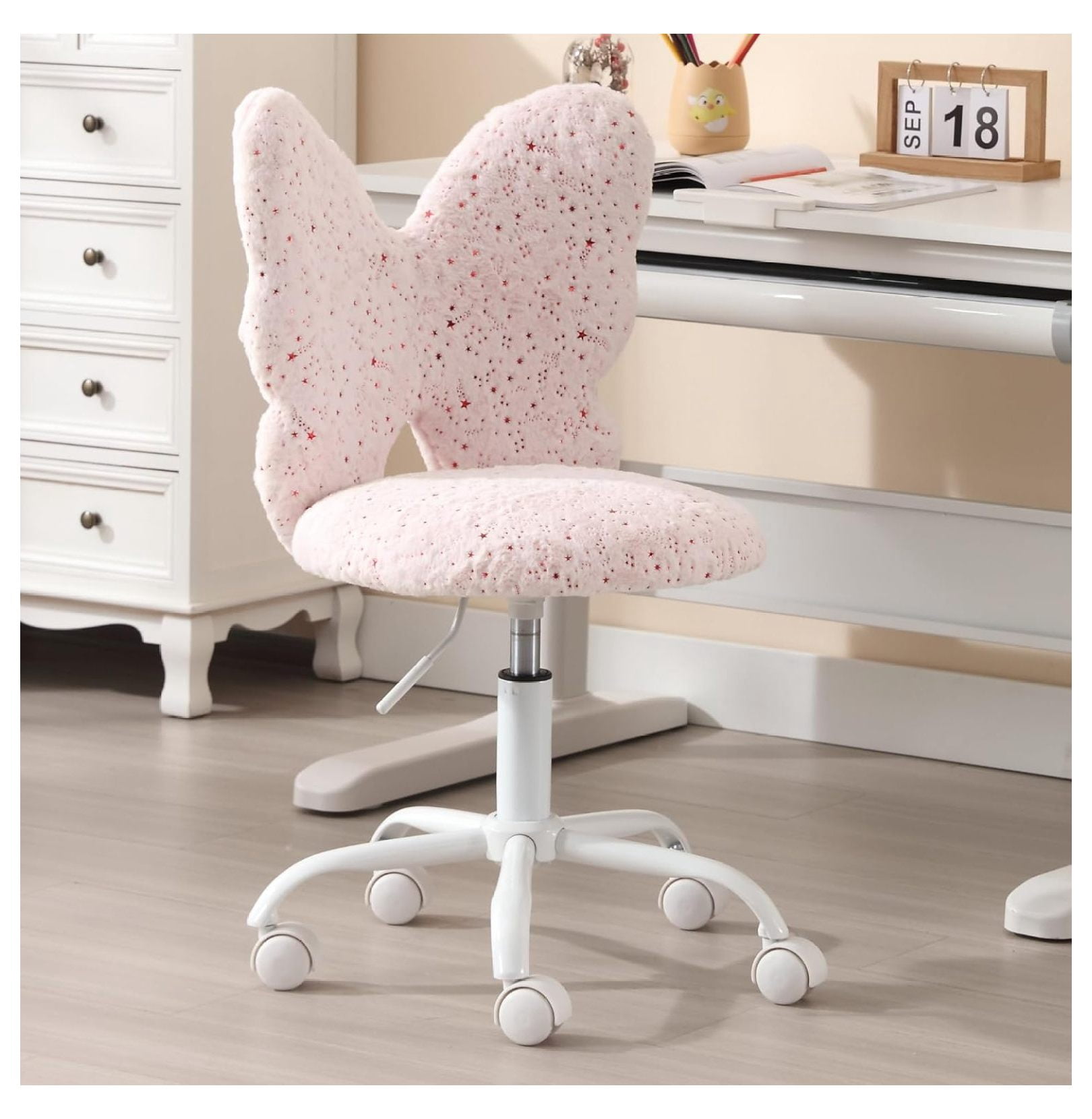 Kids Desk Chair, Faux Fur Chair with Wheels Adjustable Fuzzy Kids ...