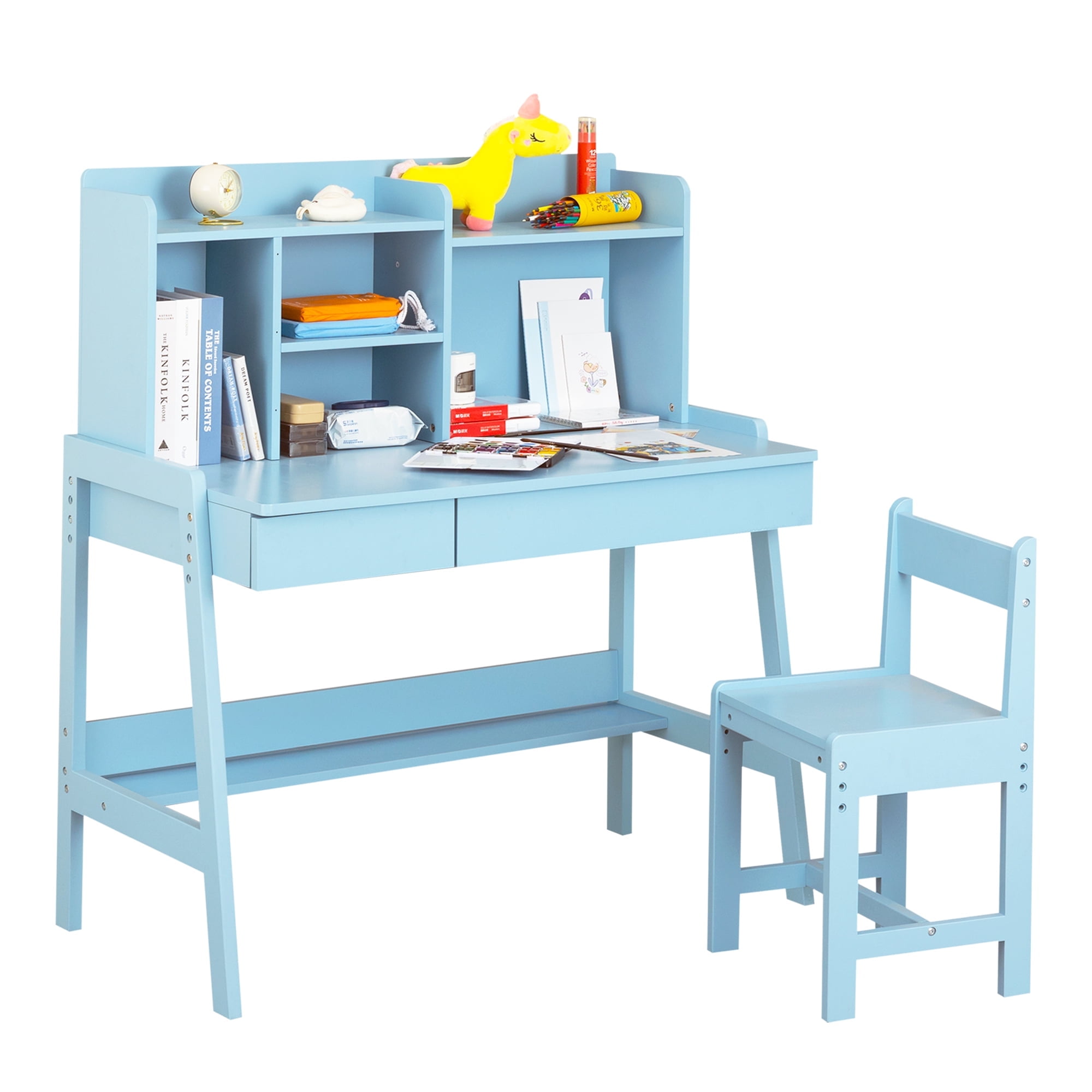 Kids Desk and Chair Set, Blue Wooden Study Desk for Kids with Drawers ...