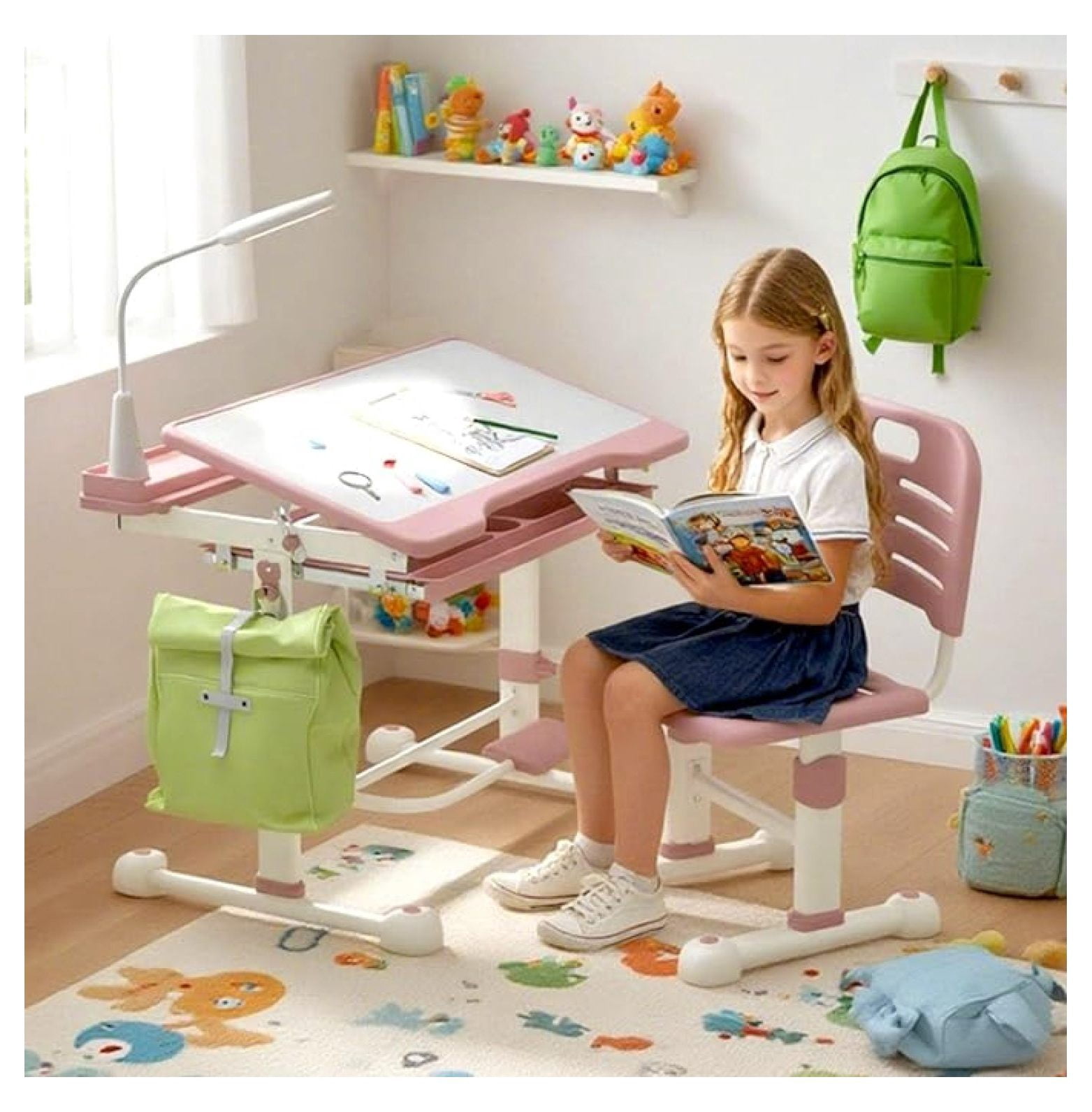 Kids Desk and Chair Set, Functional Height-Adjustable Study Table and ...