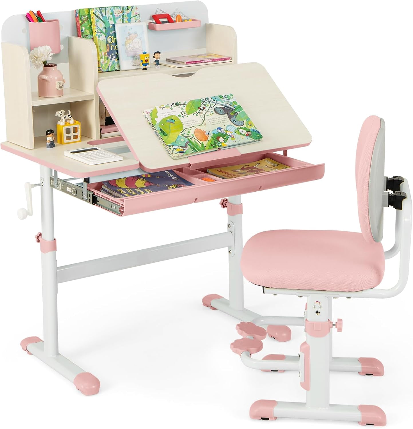 Kids Desk and Chair Set, Height Adjustable Children School Study Table ...