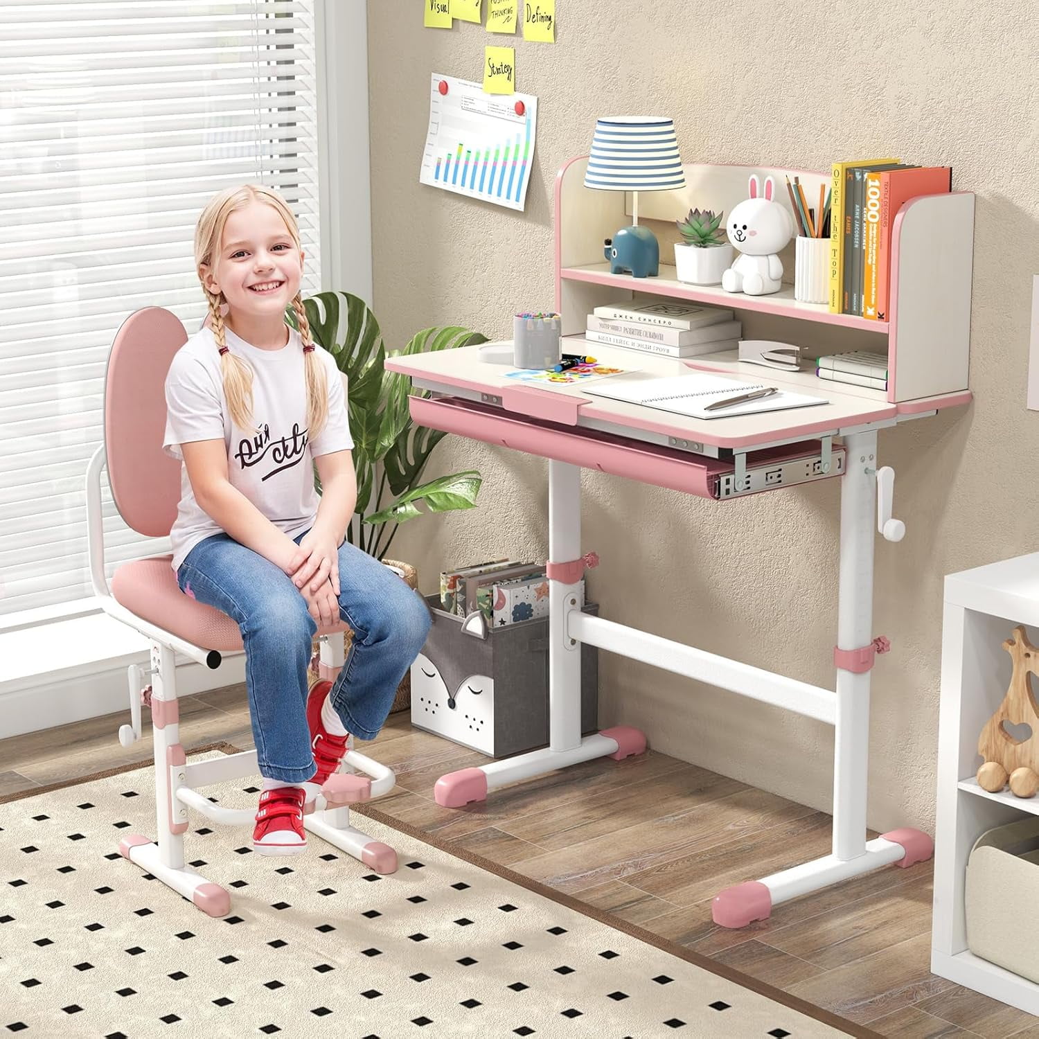 Kids Desk and Chair Set, Height Adjustable Children School Study Table ...