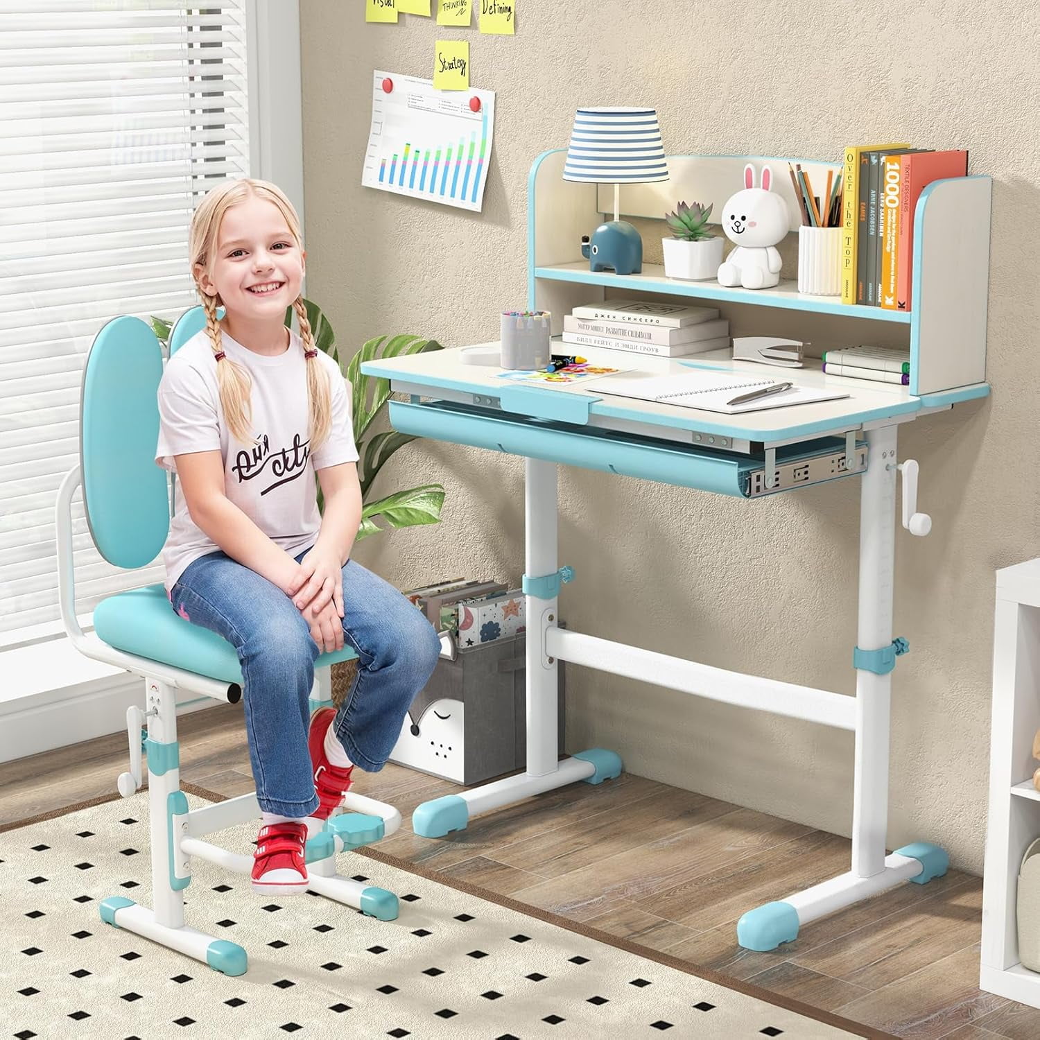 Kids Desk and Chair Set, Height Adjustable Children School Study Table ...