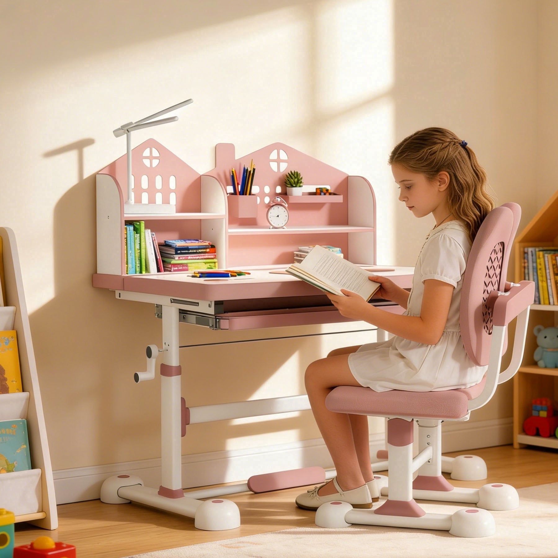 Kids Desk and Chair Set KD-002, Height Adjustable Tiltable Study Table ...