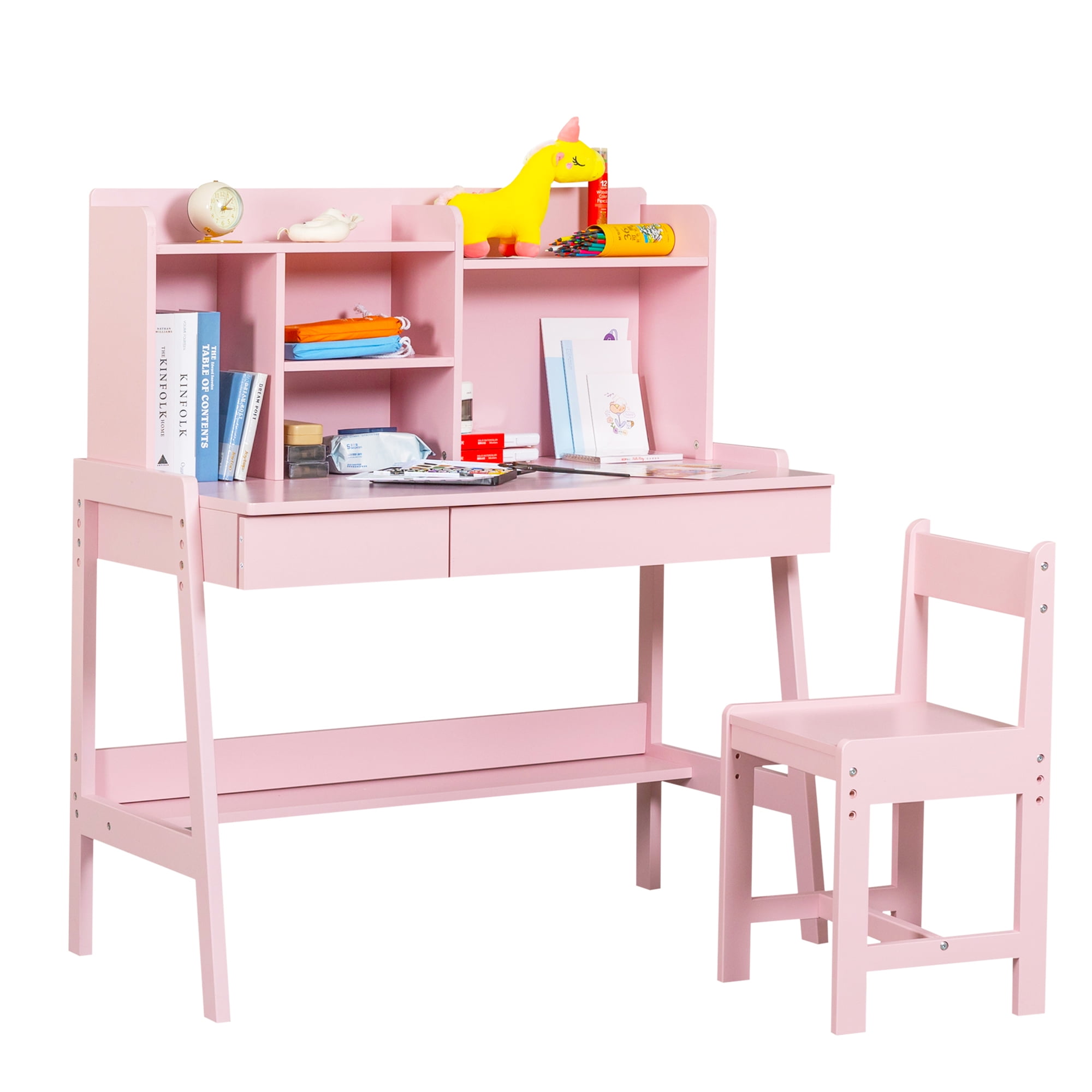 Kids Desk and Chair Set, Pink Wooden Study Desk for Kids with Drawers ...