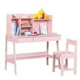 Kids Desk and Chair Set, Pink Wooden Study Desk for Kids with Drawers ...