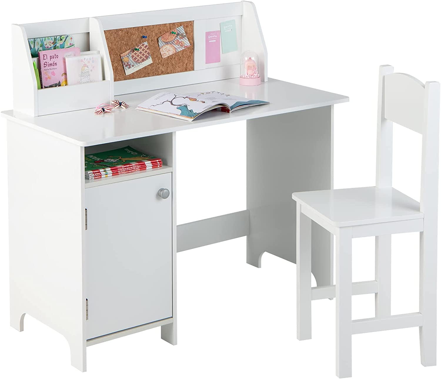 Kids Desk and Chair Set, Wooden Children Study Table with Hutch ...
