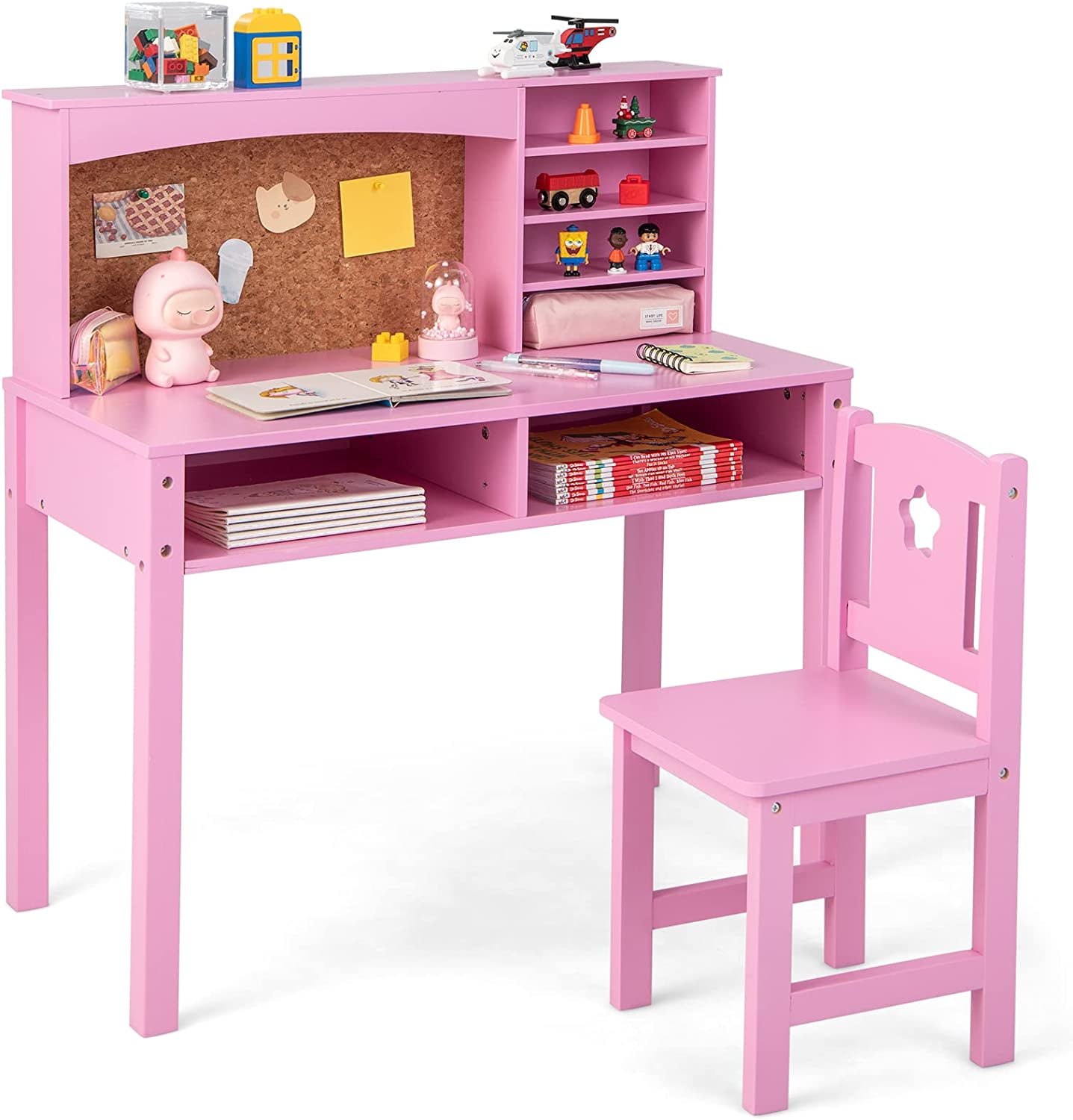 Kids Desk and Chair Set, Wooden Study Desk for Kids with Storage, Hutch ...