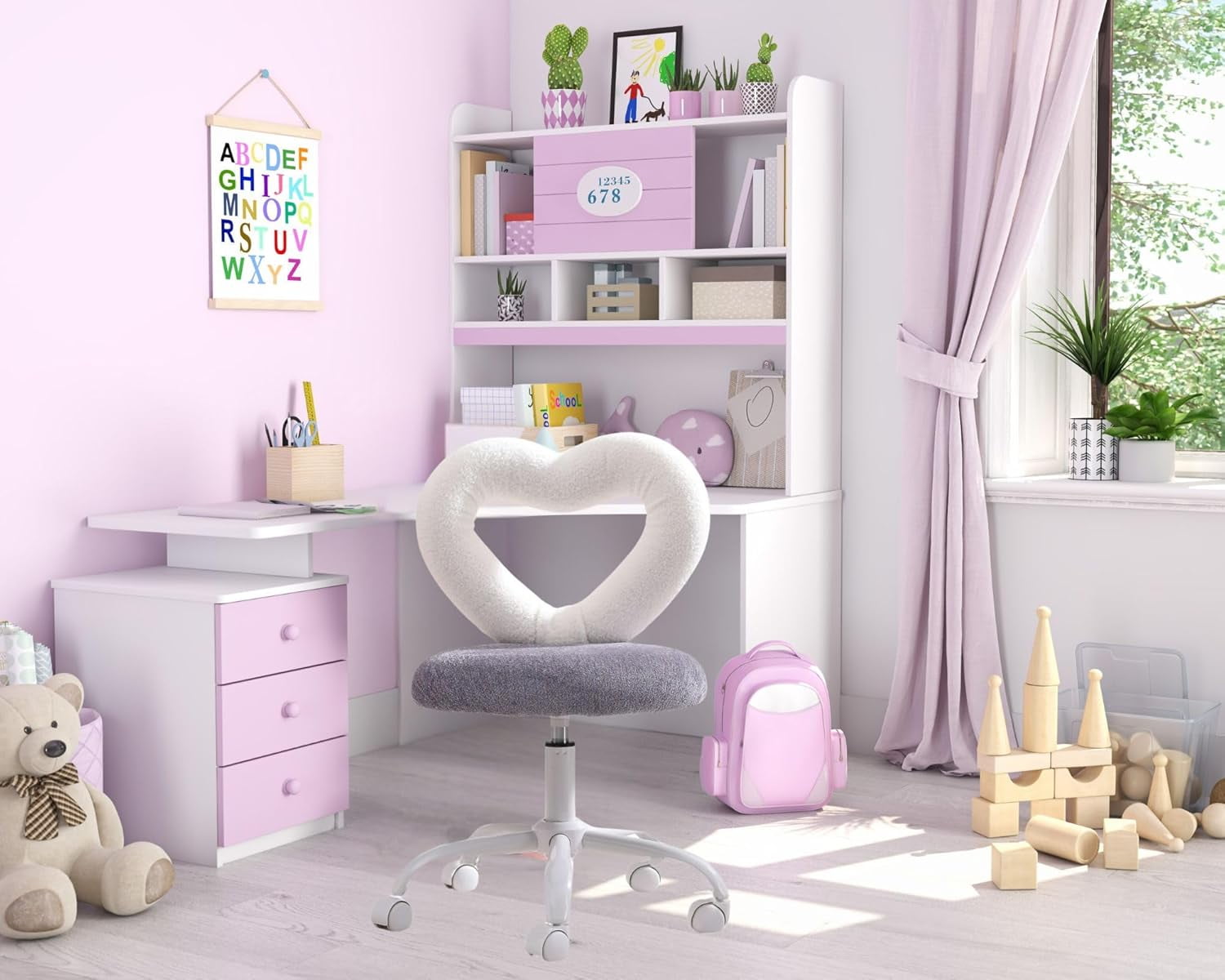 Kids Desk Chair with Wheels, Cute Furry Purple Vanity Chair with ...