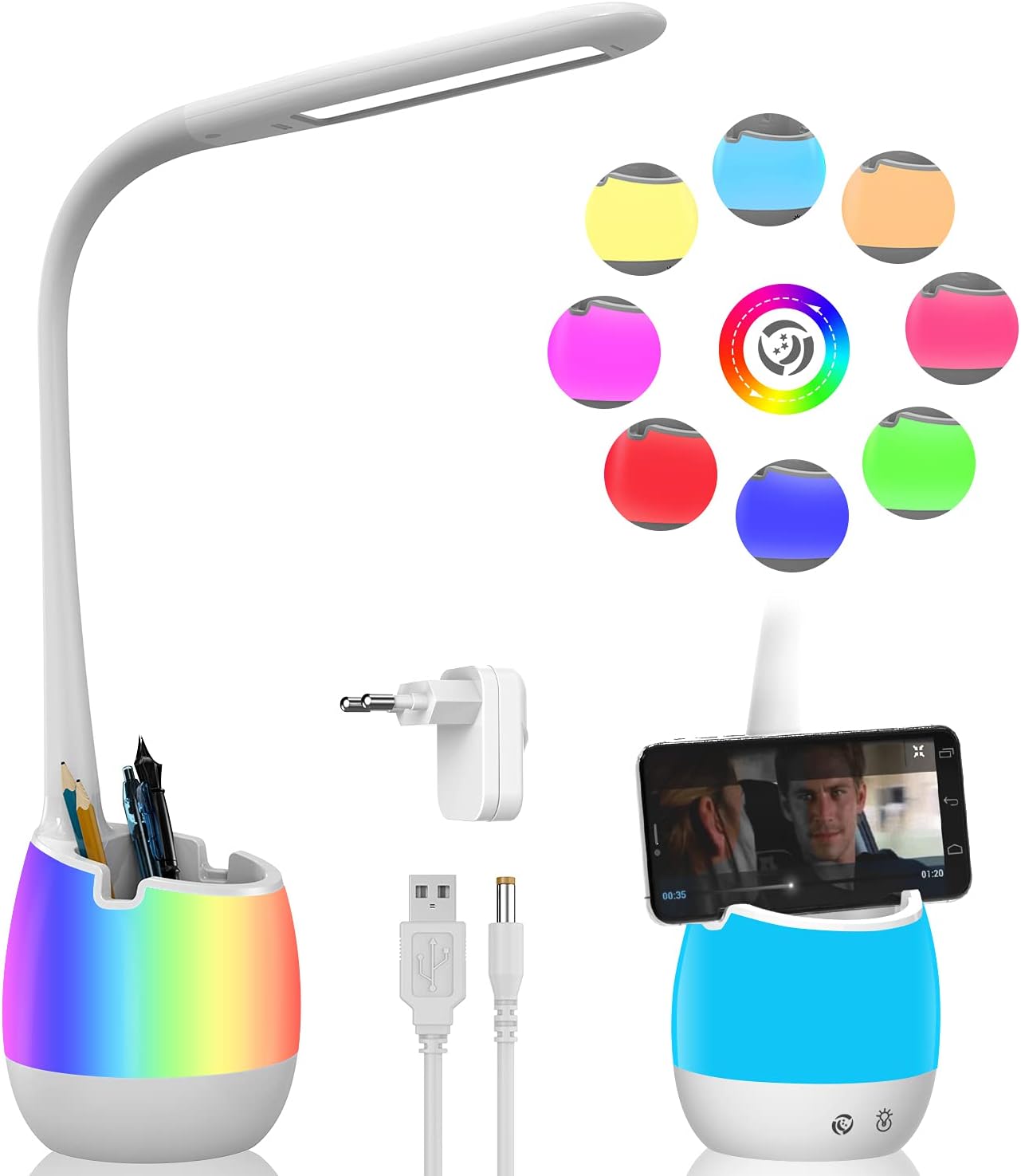 Kids Desk Lamp with 8 Colors Night Light/3 Brightness/Pen Holder ...