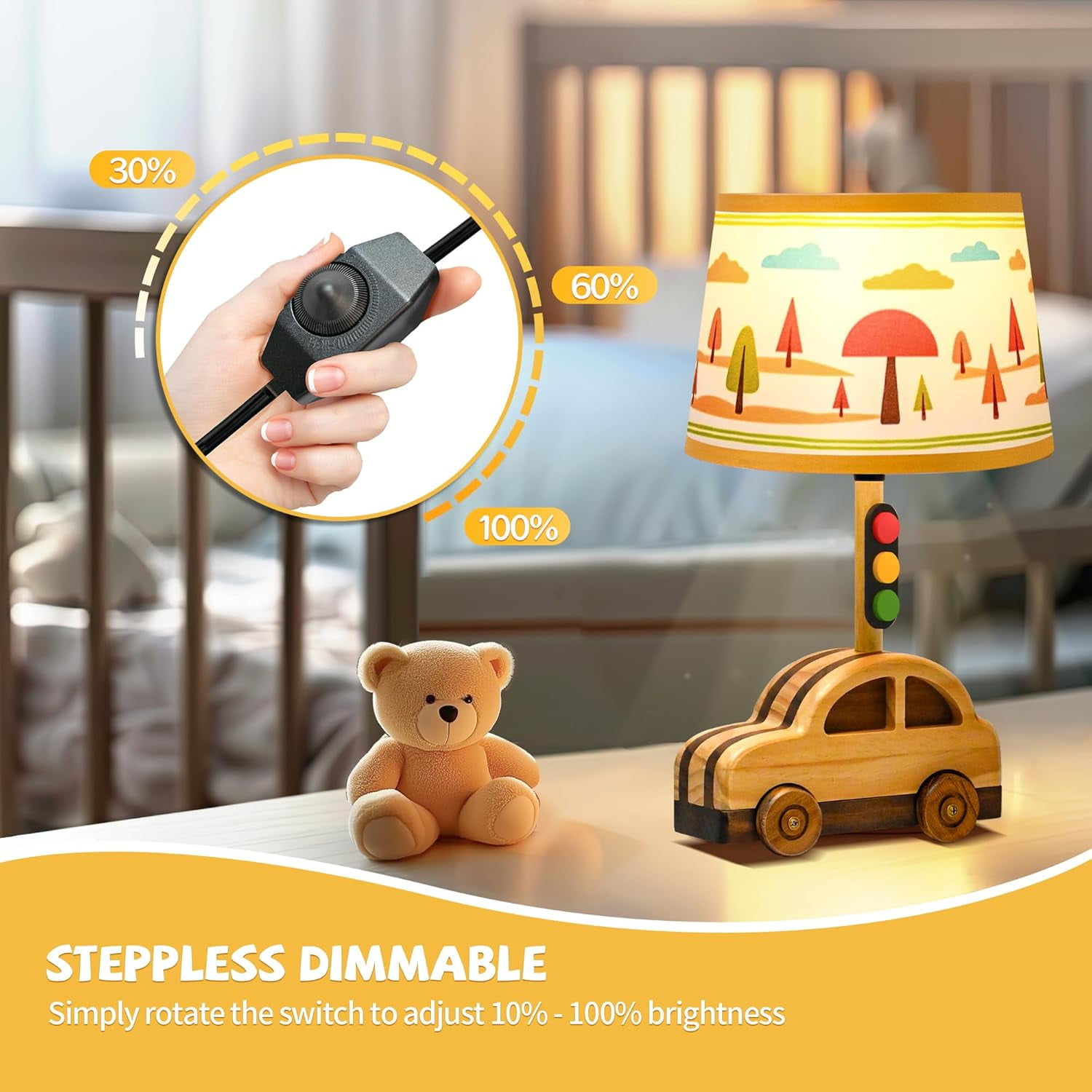 Kids' Dimmable Table Lamp, UL/ETL Certified Child Safe Natural Wood Car ...