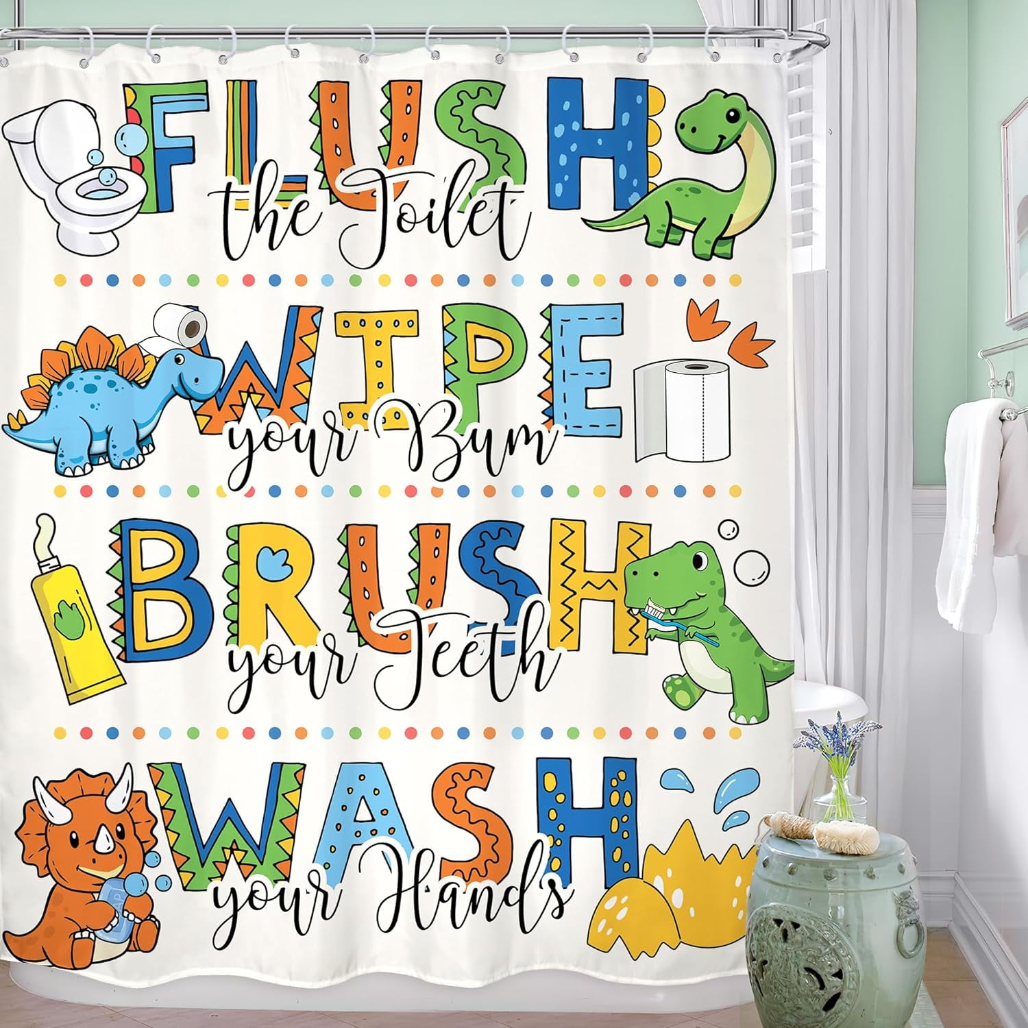 Kids Dinosaur Bathroom Rules Shower Curtain Bathroom Set 60Wx71H Inches ...