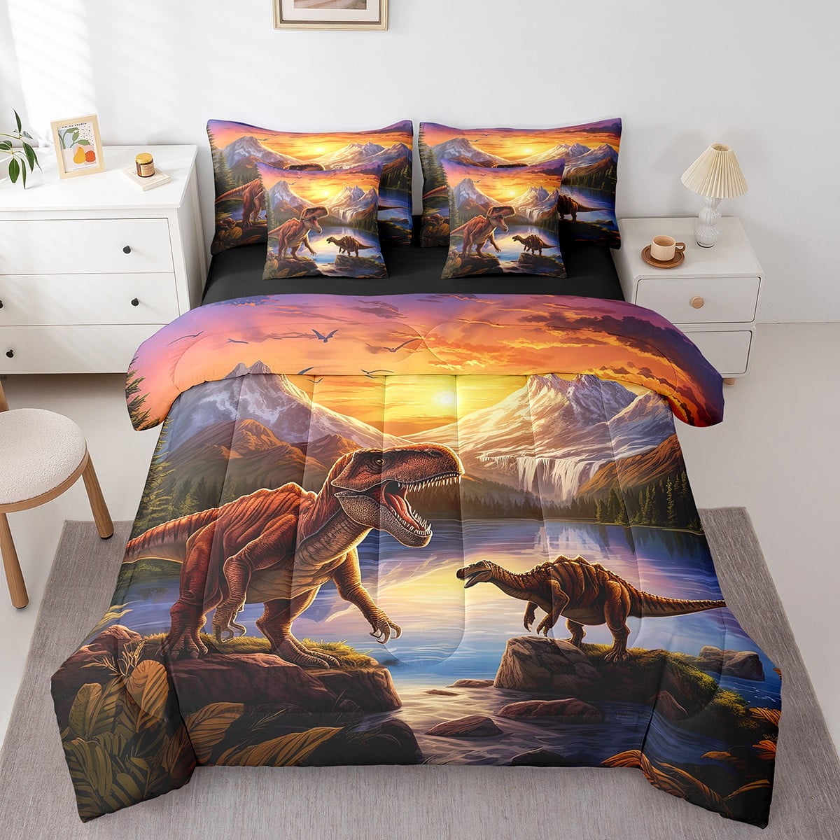Dinosaur Bedding Comforter Sets 7pcs Dino Bed in a Bag Bed, Wild Animal ...