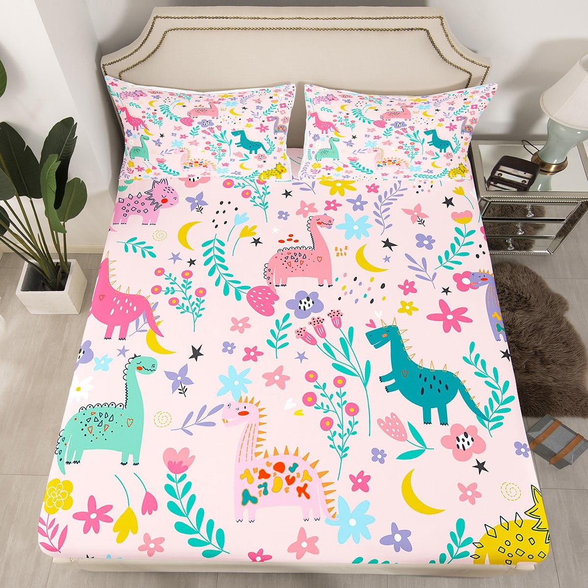 Dinosaur Bedding Set Cartoon Wildlife Animal Print Bed Sheets 2 Pieces ...