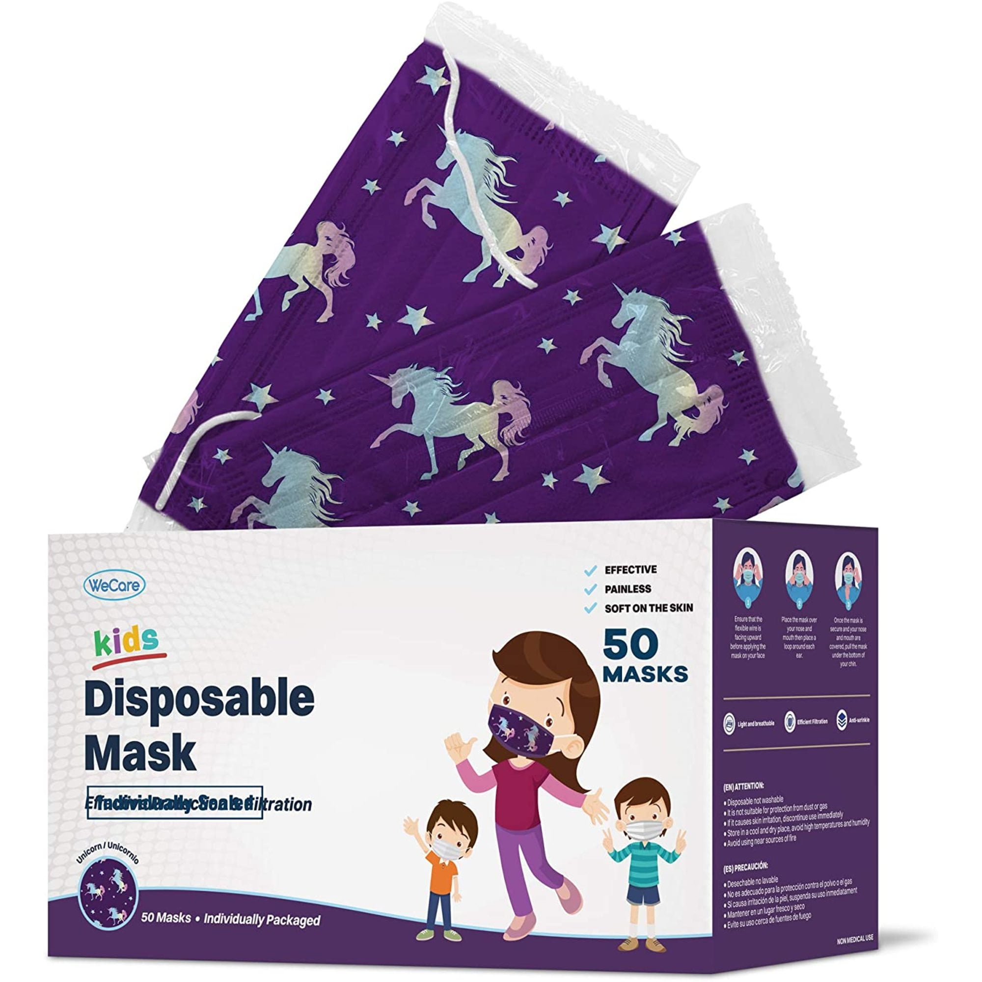 WeCare Kids Disposable Face Mask, 3-Ply Nonwoven Adjustable Unicorn ...