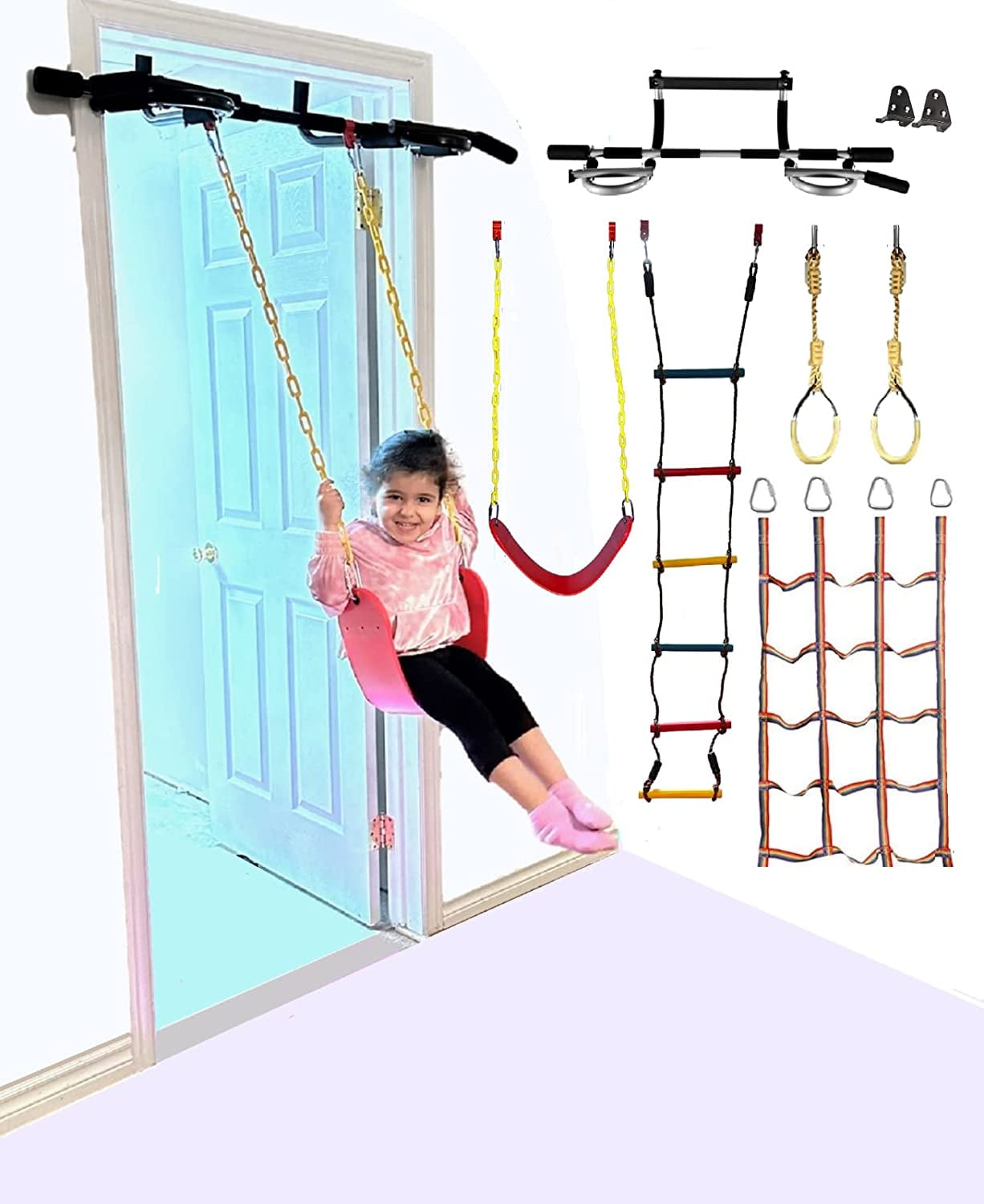 Kids Doorway Gym Swing Set + Pull Up Bar 6 in 1 Indoor Gym Playground ...