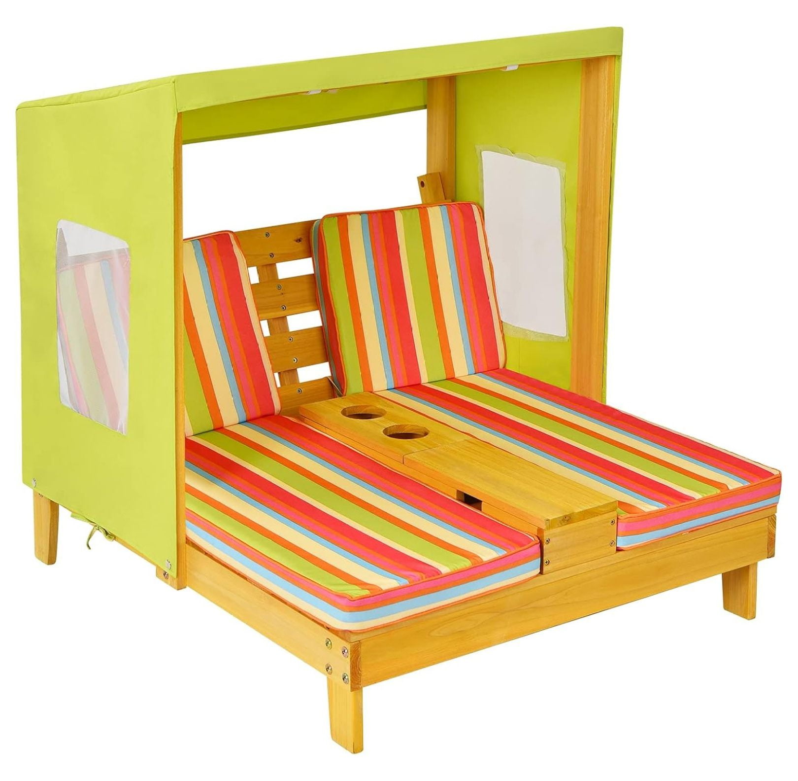 Kids Double Chaise Lounge Outdoor, 2-Seat Patio Lounge Chair with Cup ...