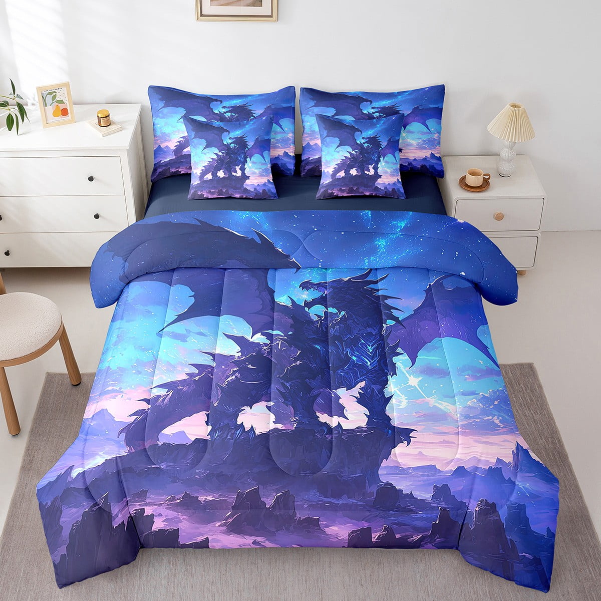 Dragon Comforter Set Queen, 7 Pieces Galaxy Loong Bed In A Bag Ancient ...