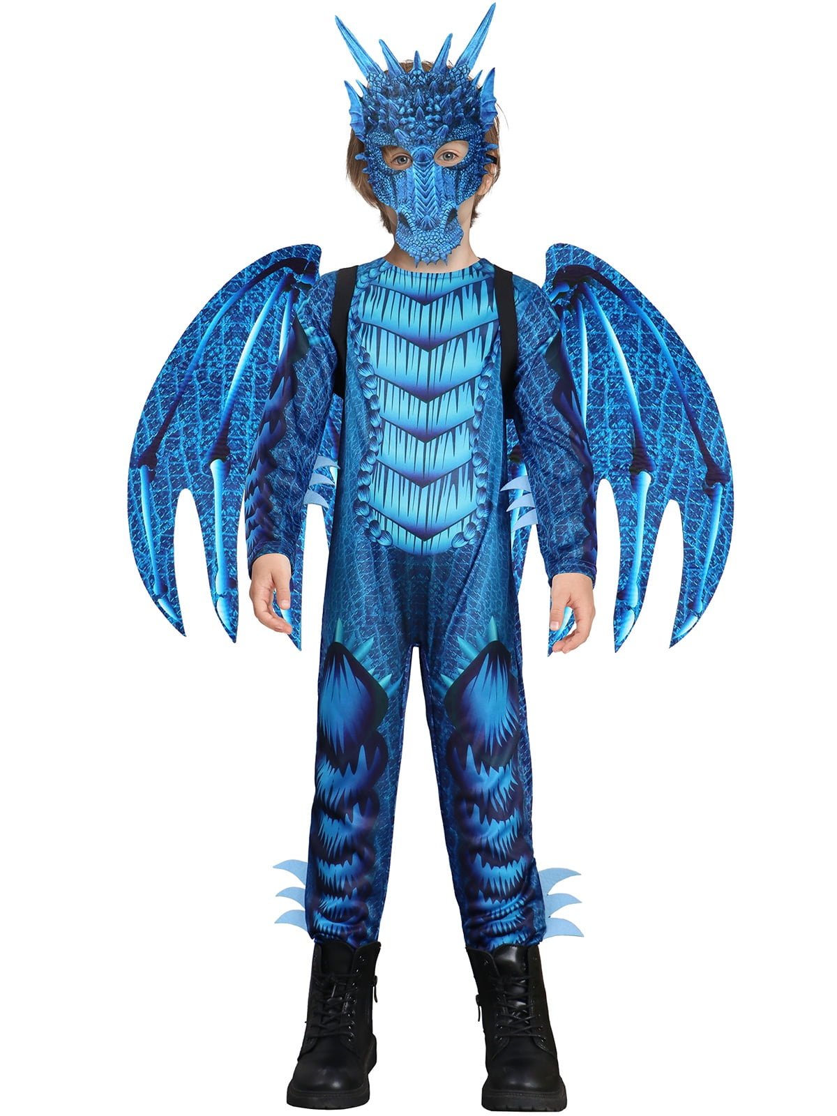 Kids Dragon Costume, 3 Pcs Jumpsuit Wings Mask Blue Outfit for Unisex ...
