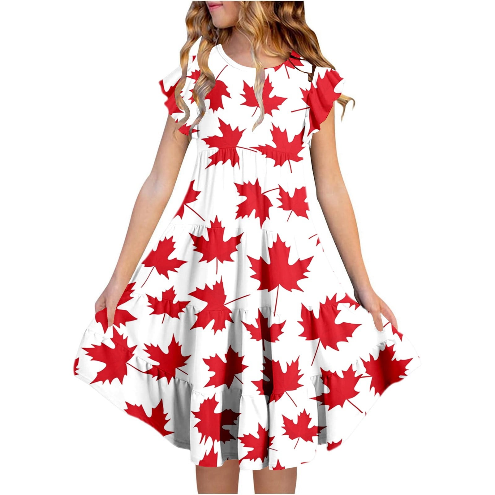 Kids Dress Floral Cute Red White Maple Leaf Print Tiered Flutter ...