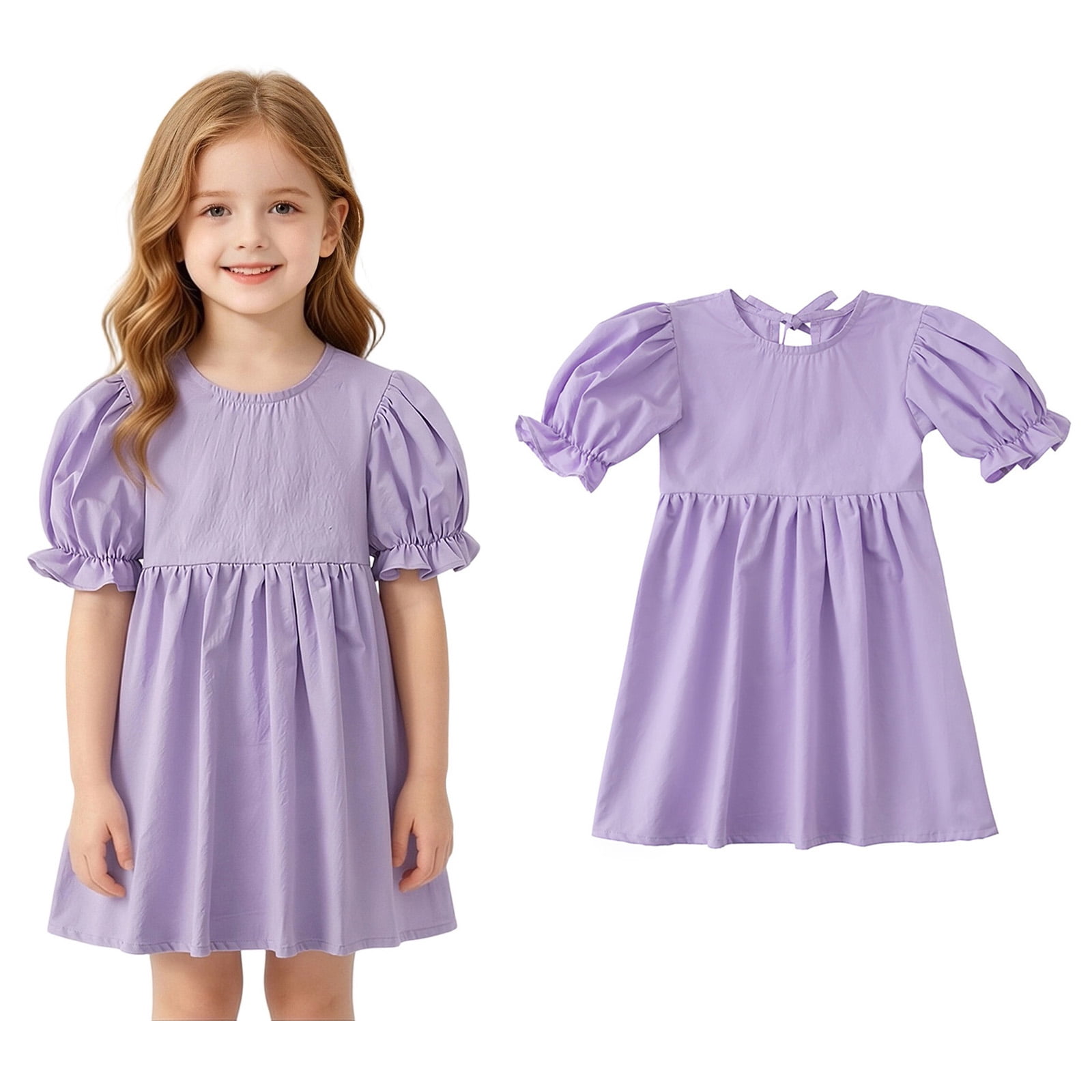 Kids Dress Short Puff Sleeve Ruffle Flared Flowy Dress Little Girl ...