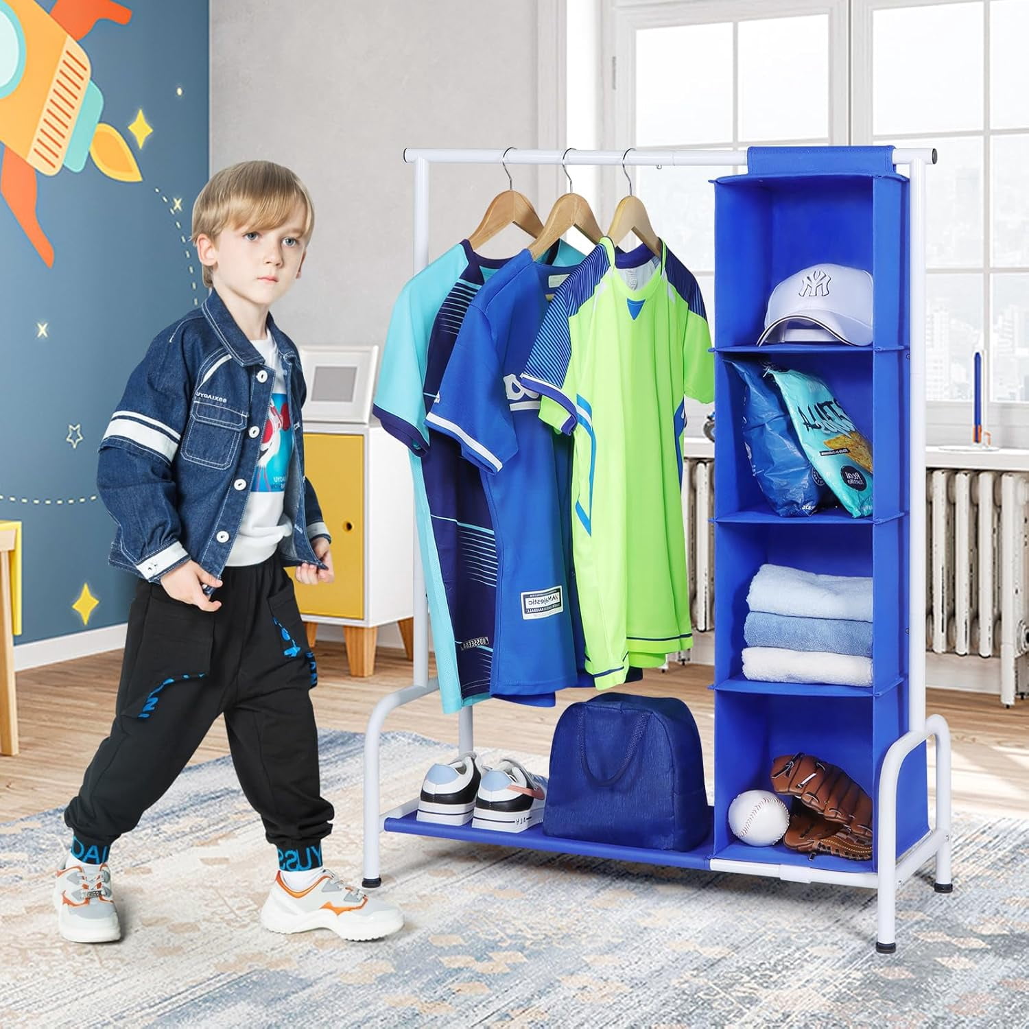 Kids Dress Up Storage Rack with Hanging Organizer, Blue/White Clothing ...