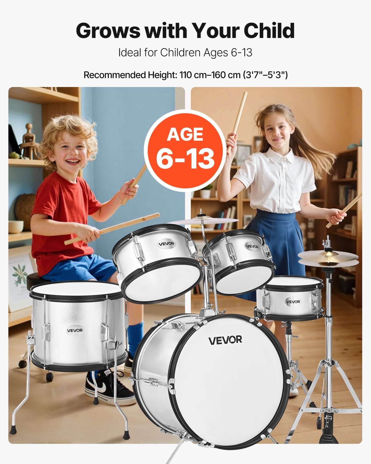 Kids Drum Set 5-Piece Beginner Drum Kit with 16 in Bass Drum (Silver ...