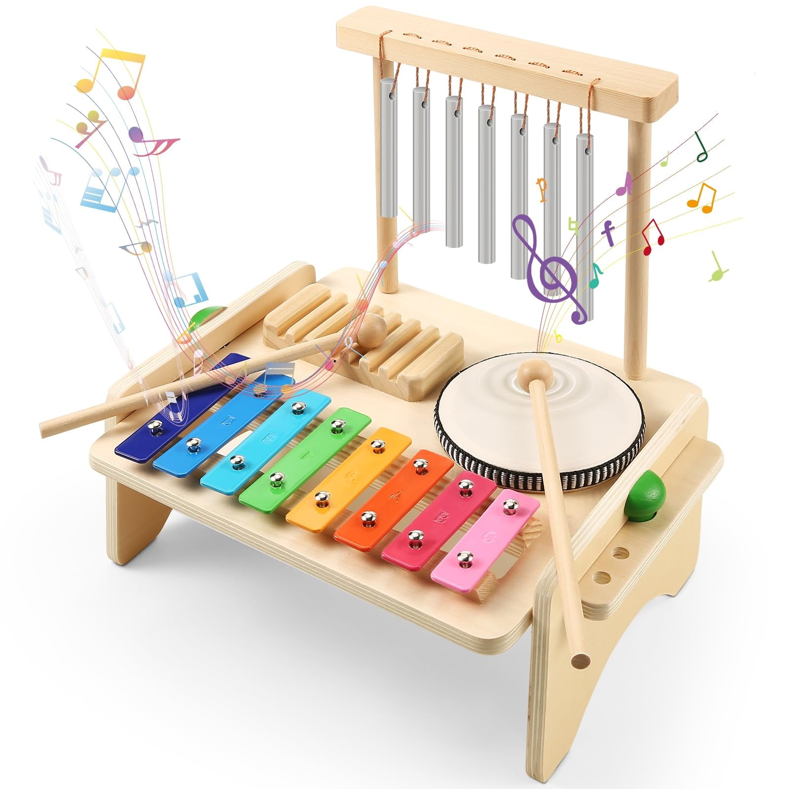 Kids Drum Set,Baby Musical Instrument For Toddler,Wooden Xylophone For ...
