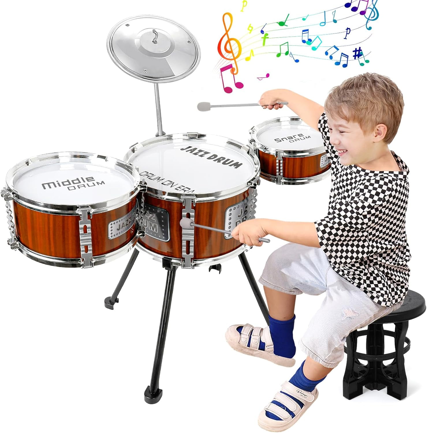 Kids Drum Set for Kids 3-5 Year Old, Jazz Drum Kit with Stool, 3 Drums ...