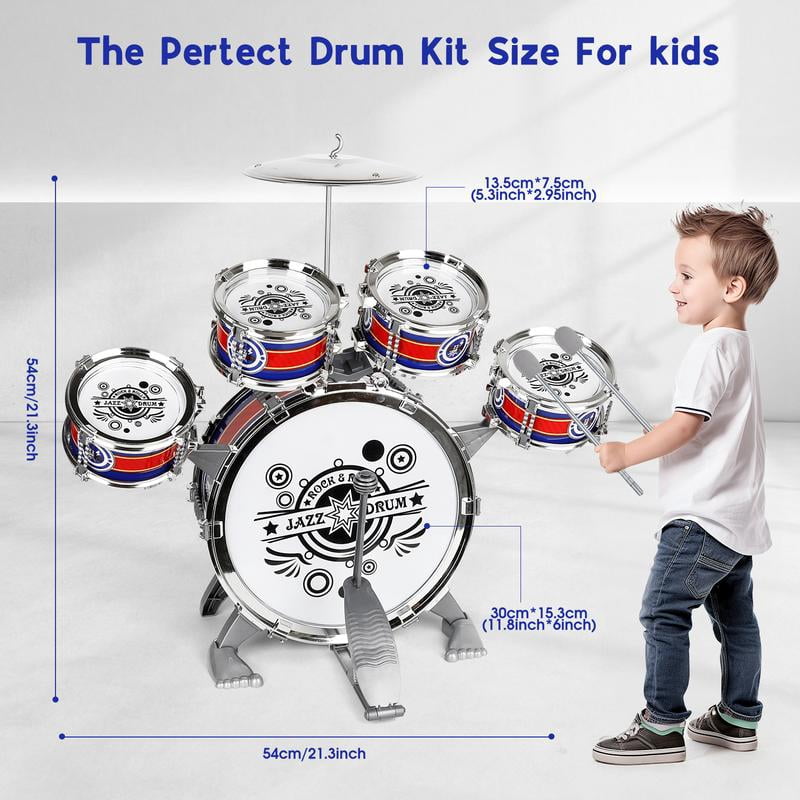 Kids Drum Set with Light Music Toy, 4 Small Drums & Stool for 3-5 Year ...