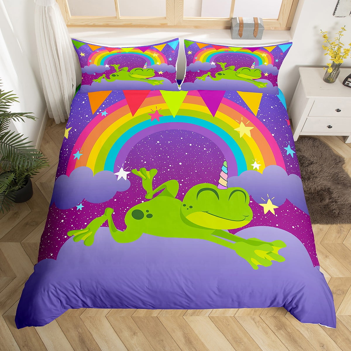 Kids Duvet Cover Cute Rainbow Frog Print Bedding Set Boys Green Frog ...
