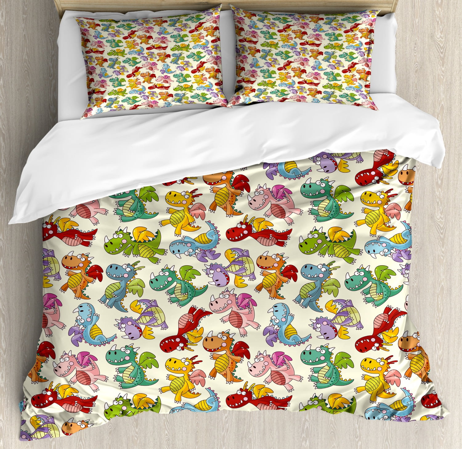 Kids Duvet Cover Set Queen Size, Cartoon Fire Dragons Silly Expressions ...