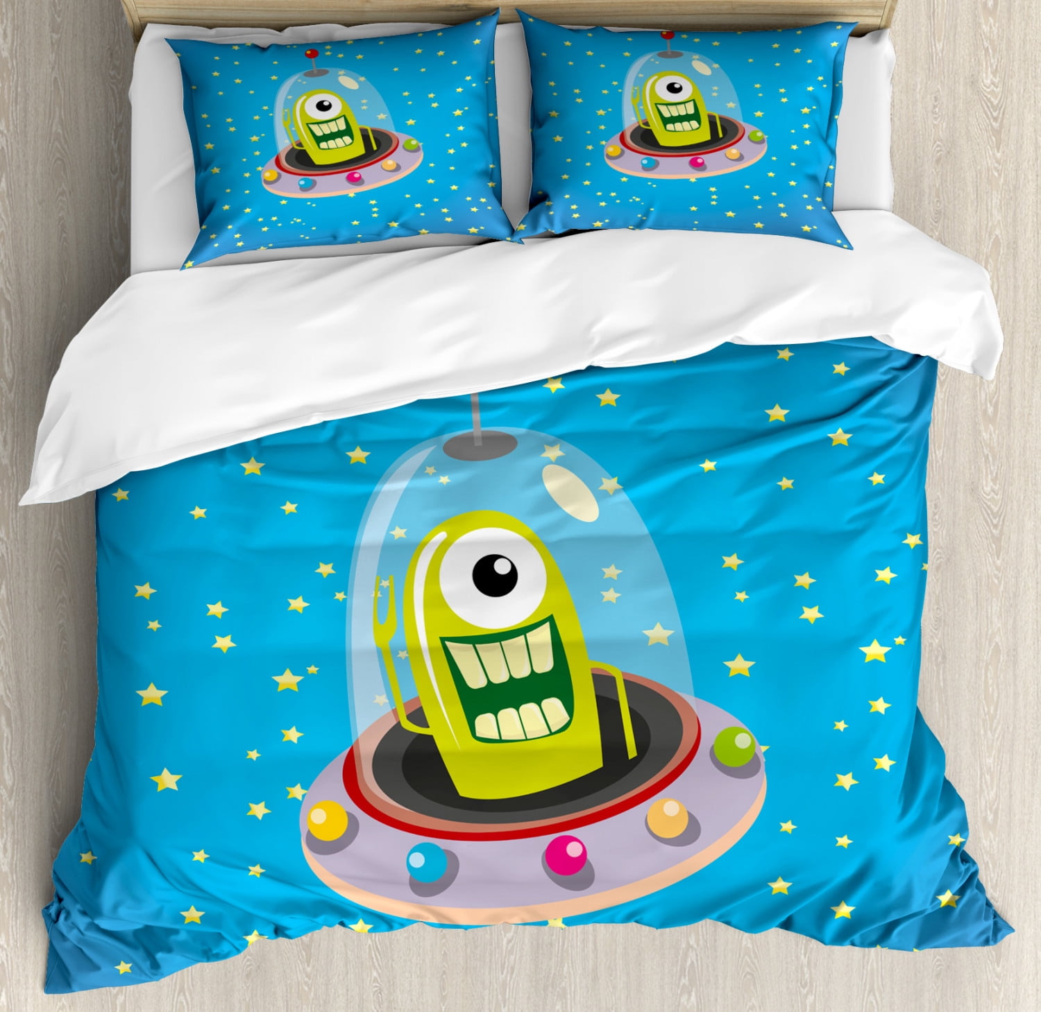 Kids Duvet Cover Set Queen Size, Cute Comic Ufo Alien in Outer Space ...
