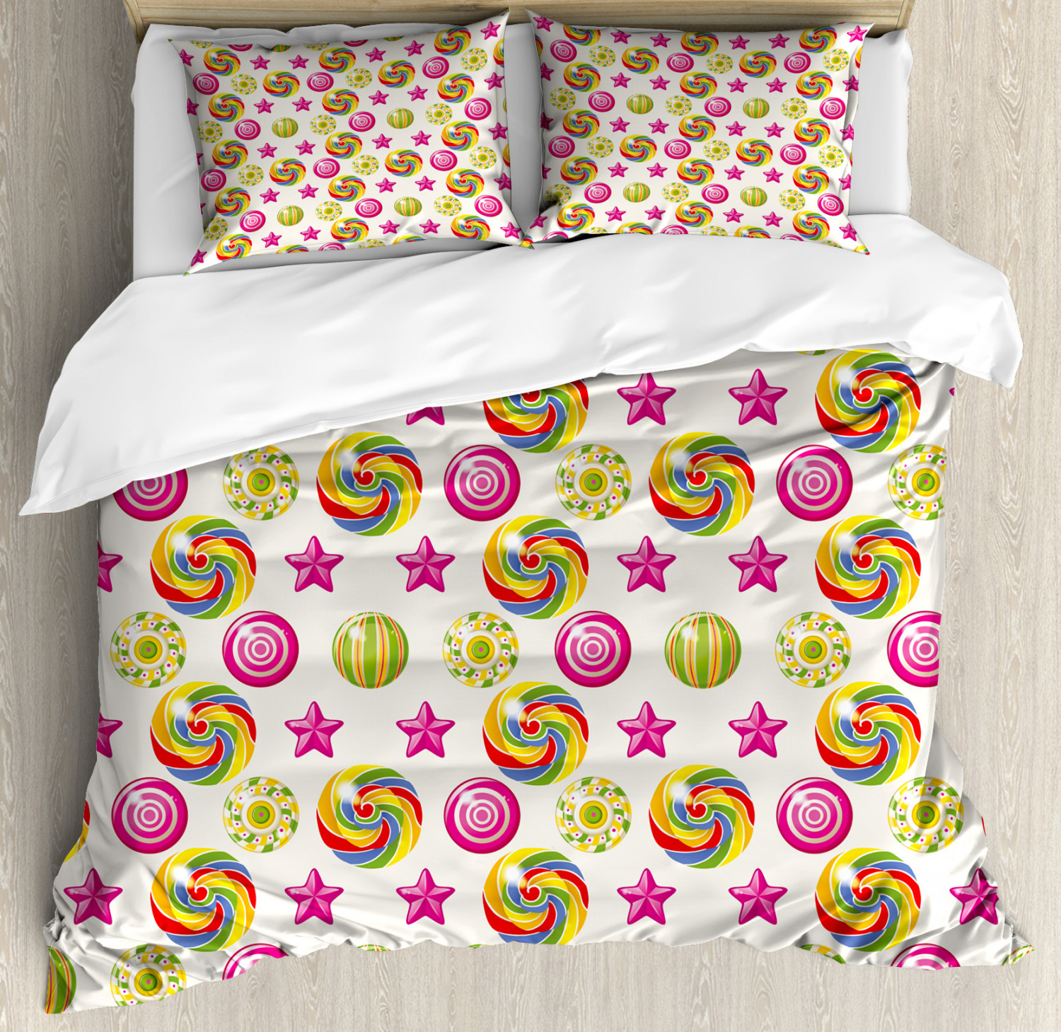 Dessert Duvet Cover Set, Yummy Candy Rainbow Swirl Lollipop with Stars ...
