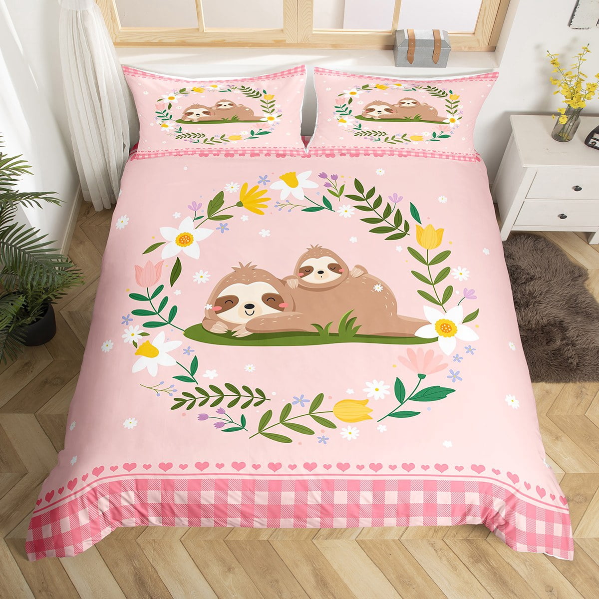 Duvet Cover Sloth, Cute Animal Bedding Set Queen Size Teens, Botanical ...