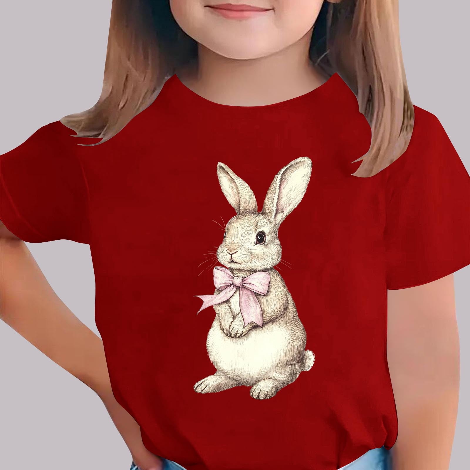 Kids Easter T Shirt Red Vintage Bunny Graphic Girls Soft Stretchy Short ...