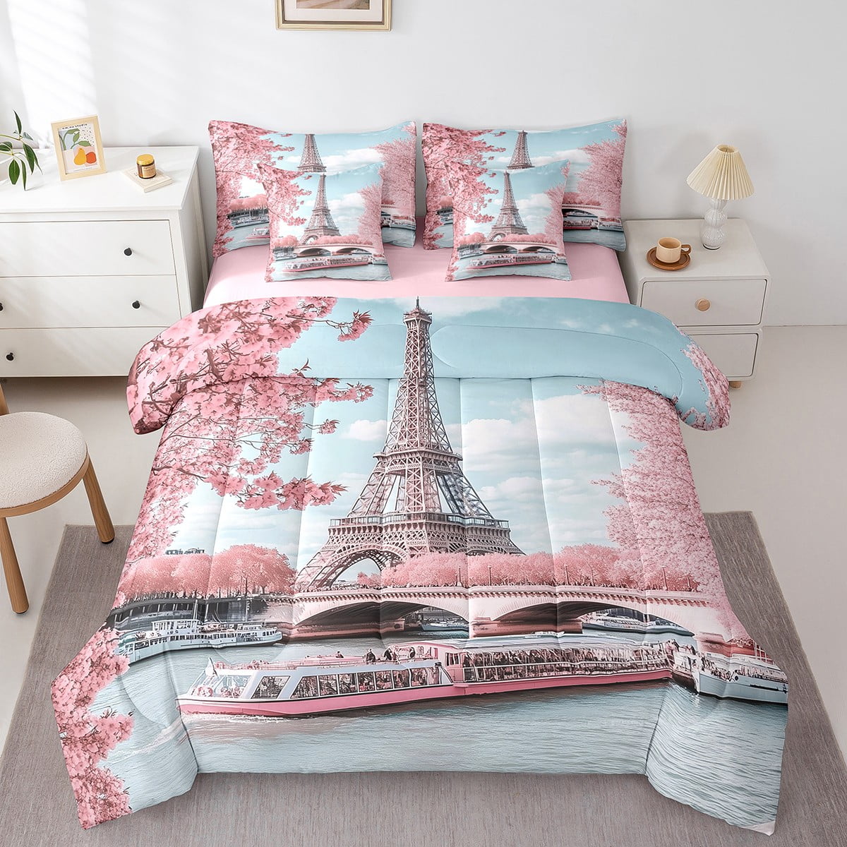 Eiffel Tower Comforter Set Paris Romantic Theme King Bedding Set,Pink ...
