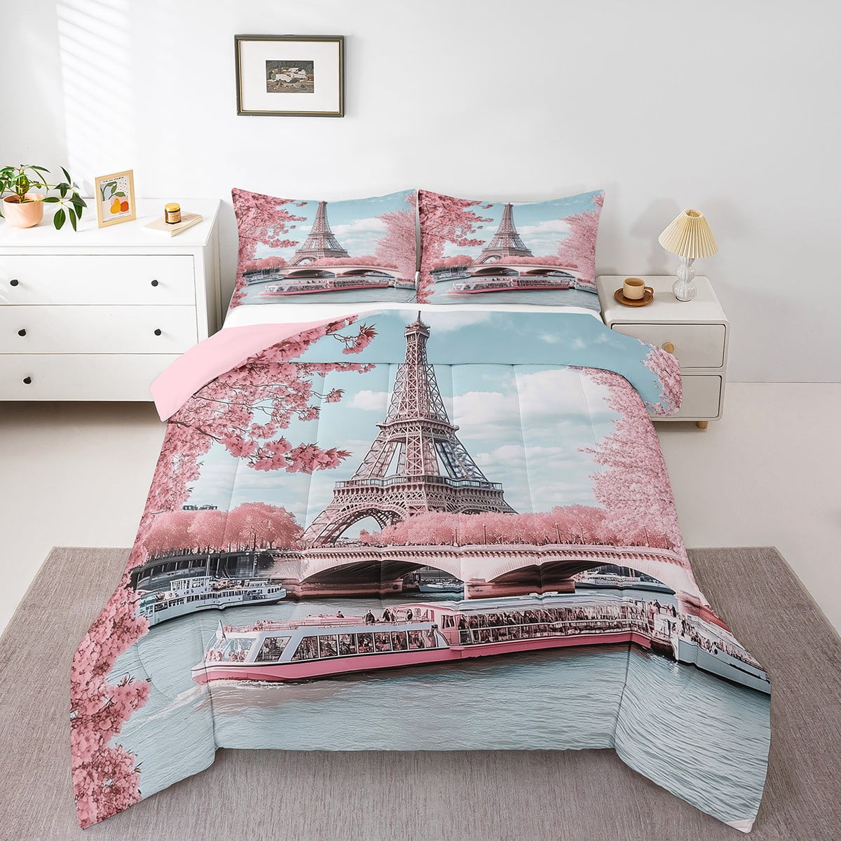 Eiffel Tower Comforter Set Paris Romantic Theme King Bedding Set,Pink Cherry Blossoms Printed ...