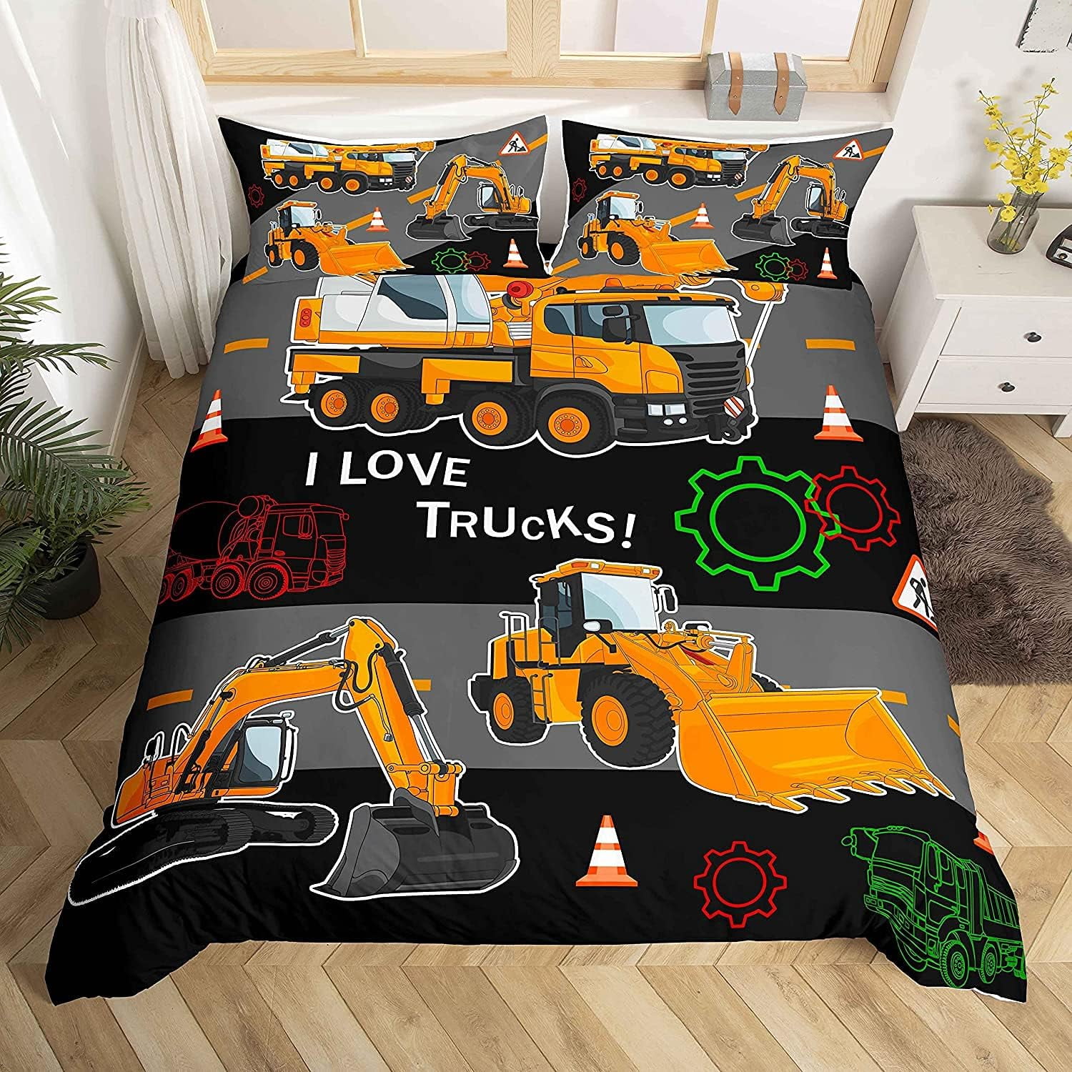 Kids Equipment Trucks Duvet Cover Boys Excavators Down Bedding Set ...