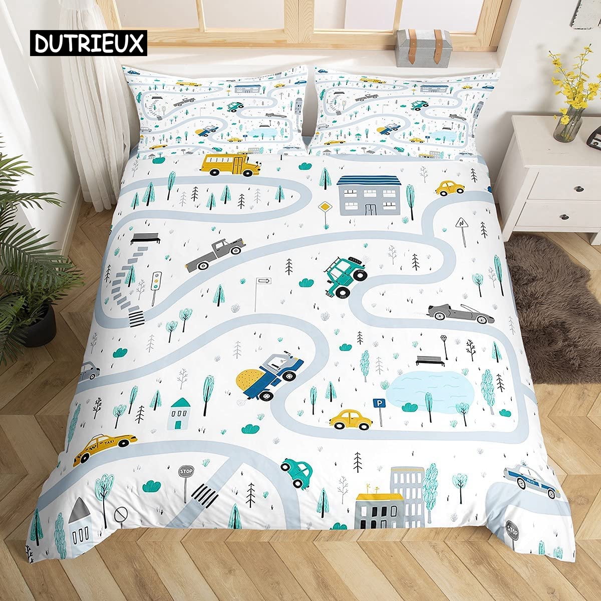 Kids Equipment Trucks Duvet Cover King Boys Cartoon Car Excavator ...