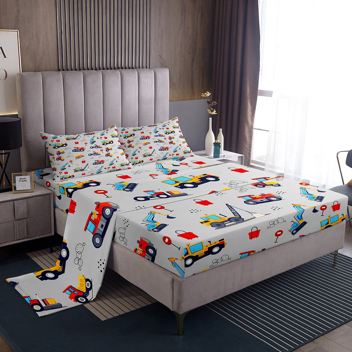 Kids Excavator Sheet Set Full Size, Cartoon Car Bed Sheets For Boys ...