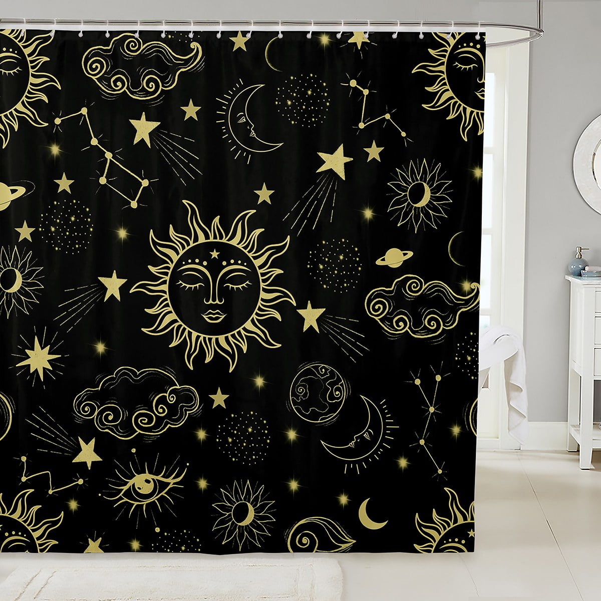 Kids Exotic Sun Shower Curtain Black and Gold Galaxy Moon Stars Fabric ...