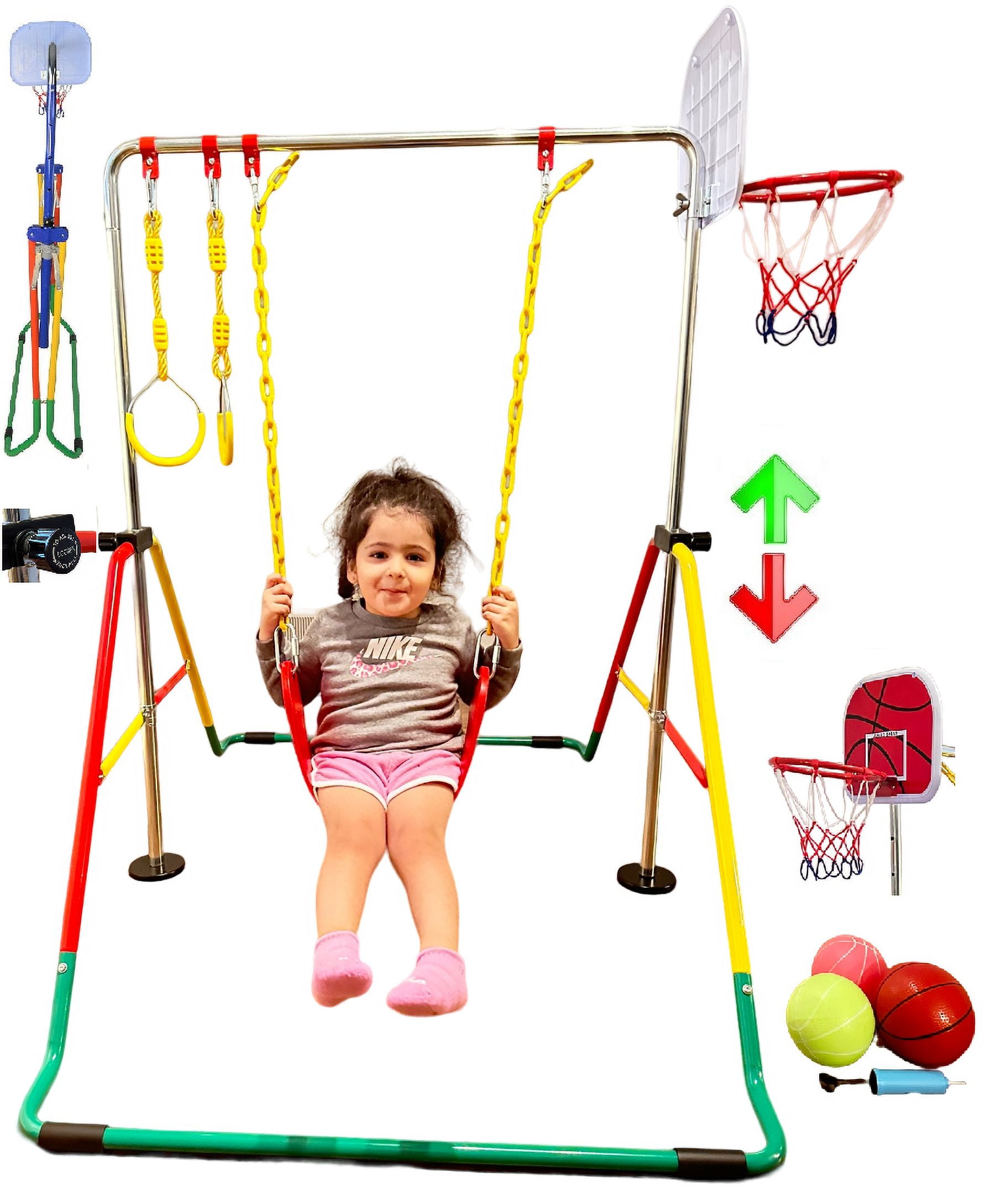 Kids Expandable Gymnastics Bar 5 in 1 Playground Height Adjustable Jungle Gym Set with Deluxe ...