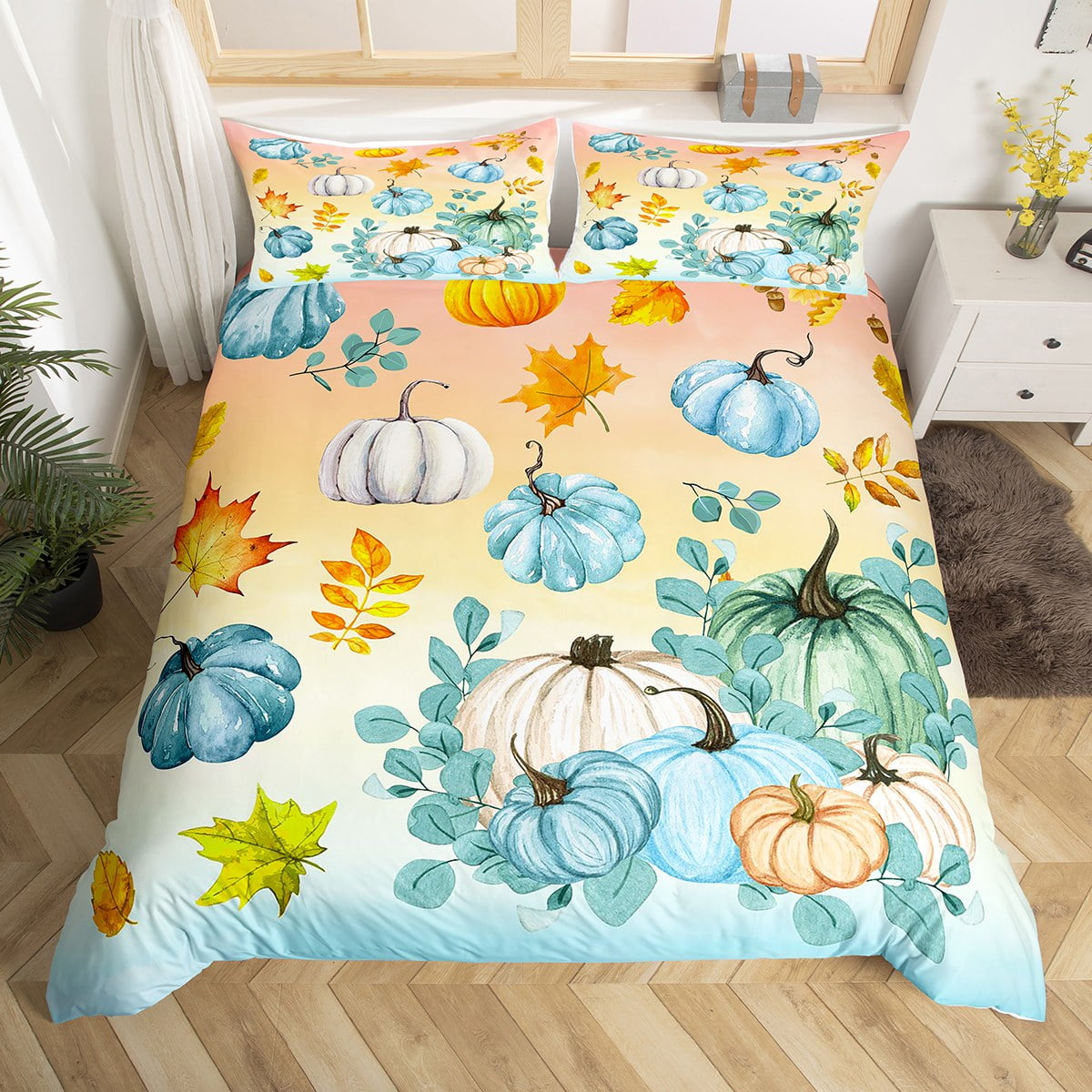 Kids Fall Pumpkin Bedding Set King for Teenagers Girls Boys, Blue ...