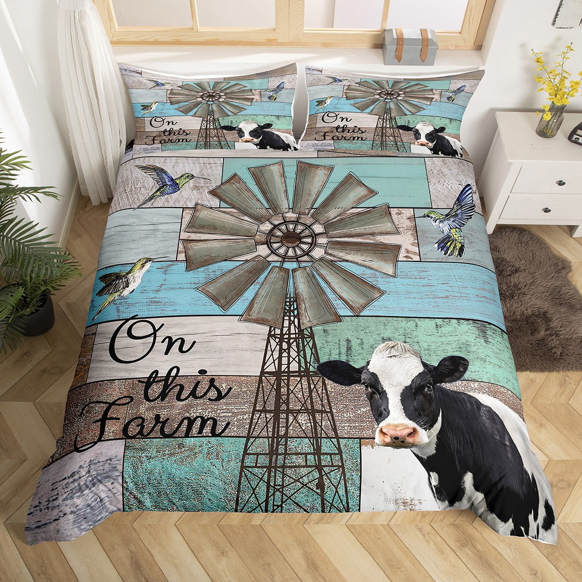 Farmhouse Cow Bedding Set, Rustic Windmill Duvet Cover Farm Country ...