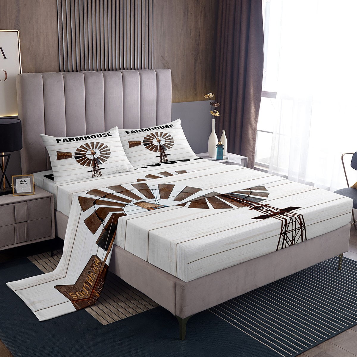 Farmhouse Sheets Windmill Vintage Decor Sheet Set Wooden Plank Barn ...