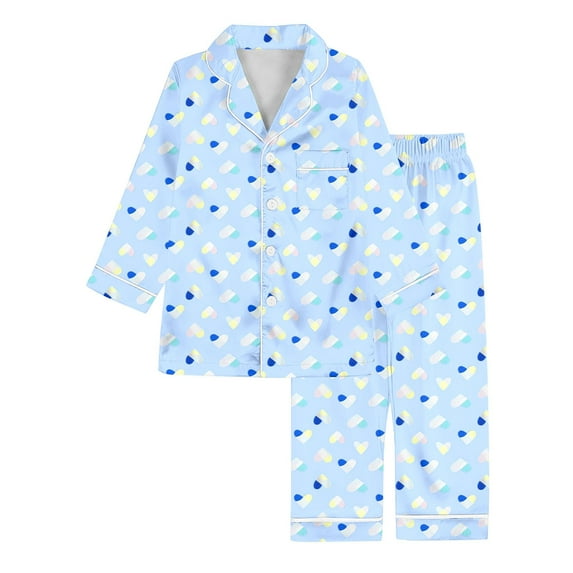 Kids Silk Pajama Set Cartoon Heart Print Long Sleeve Pants Set Sky Blue ...